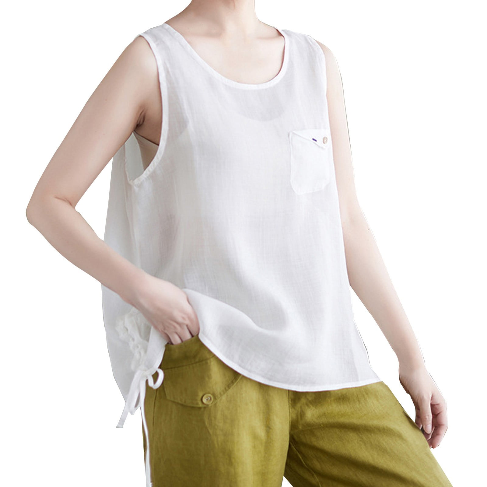 XuJwPNcy Cotton Linen Tops Women Summer Scoop Neck Sleeveless Side Slit ...
