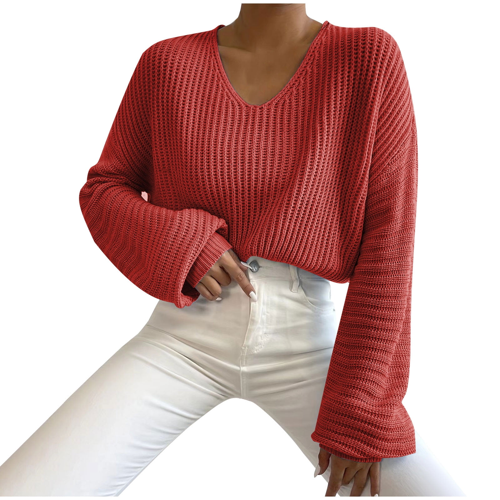 Yuzhih Cropped Sweater for Women V Neck Lantern Sleeve Oversized ...
