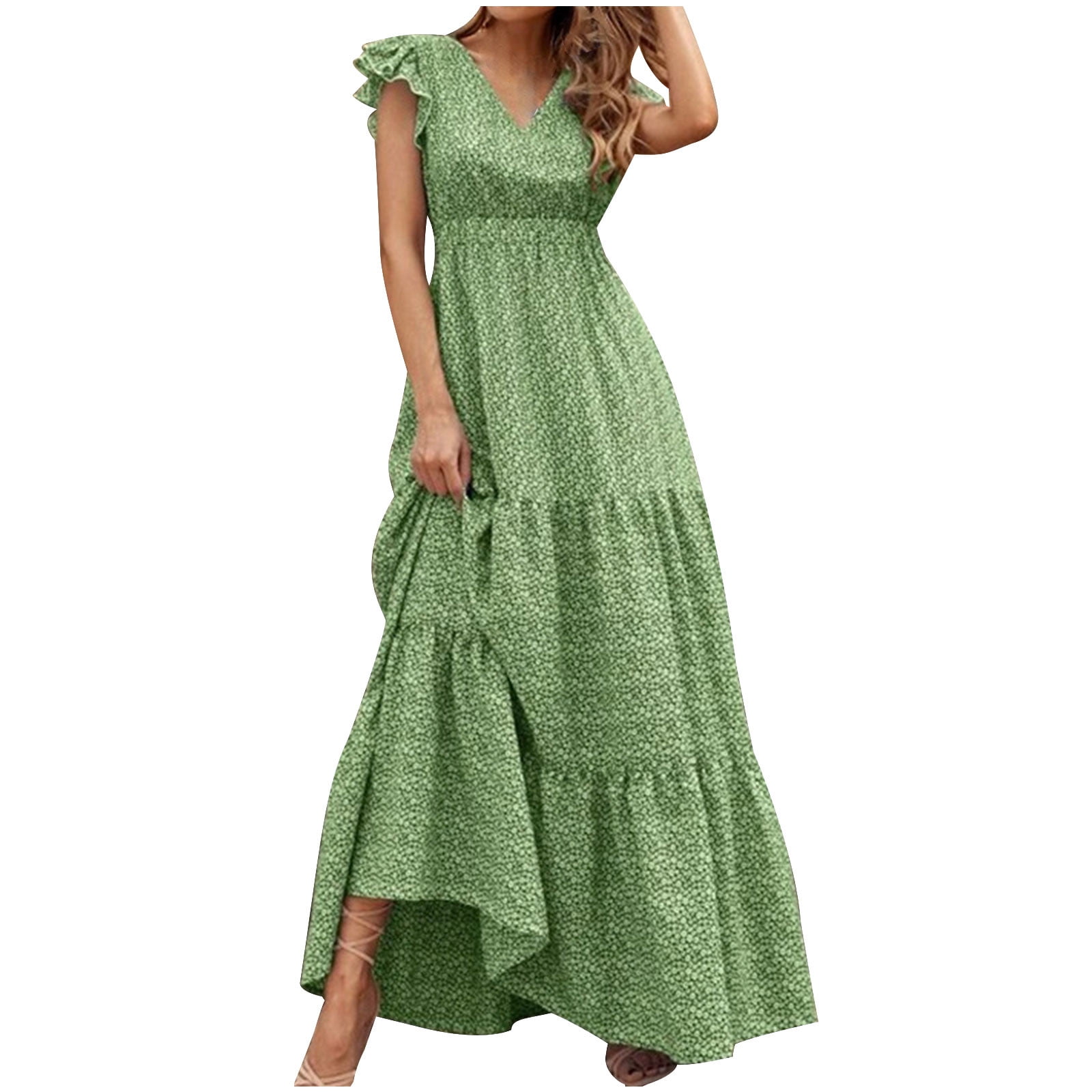 cfhntfmh Flowy Dresses for Women Ruffle Cap Sleeve Boho Tiered Long ...