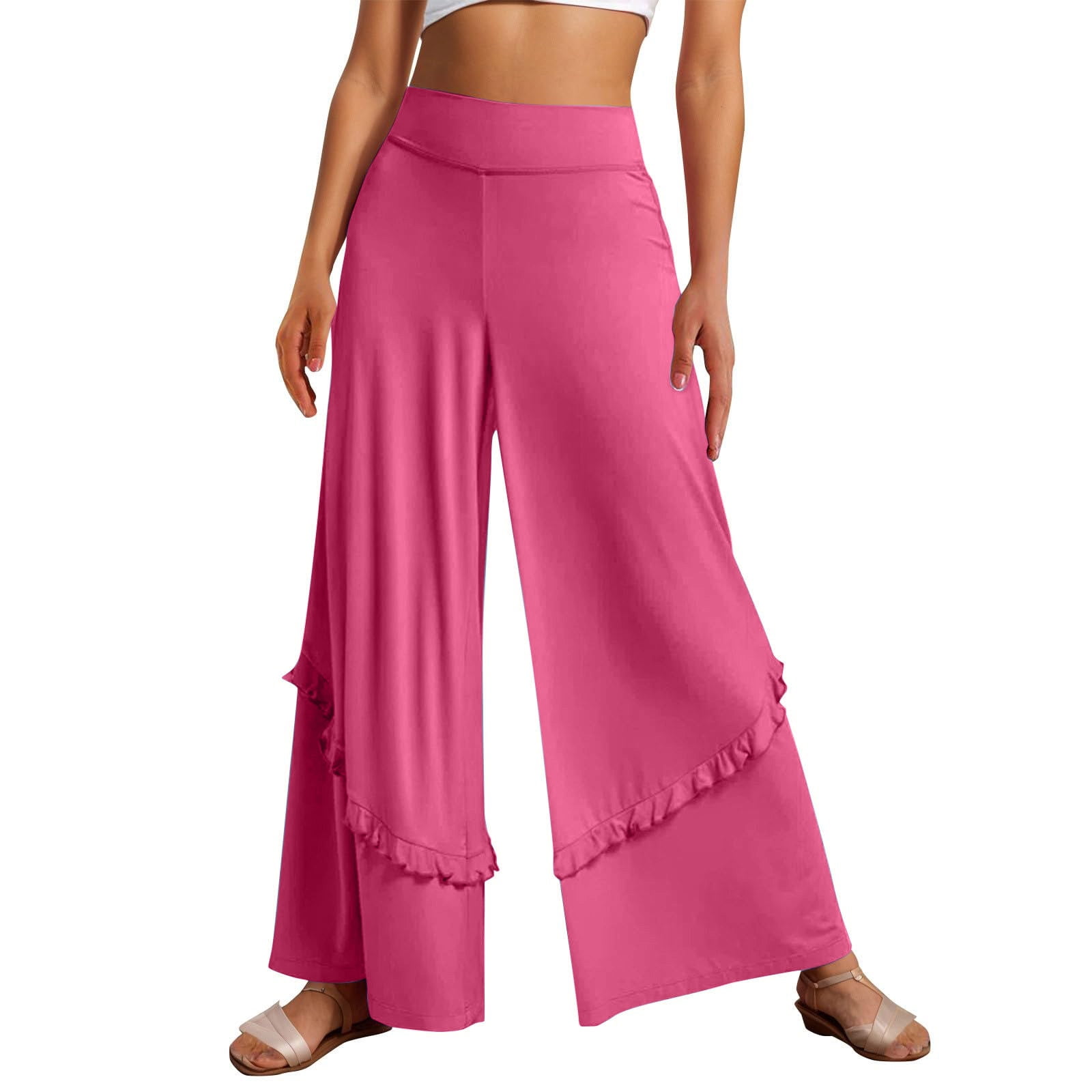 Yuzhih Palazzo Pants for Women Wide Leg Ruffle Hem Pant Loose Flowy ...