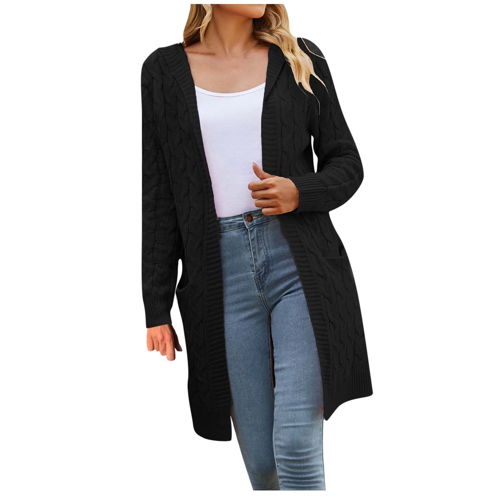 Yuzhih Women Long Hooded Sweater Cardigan Long Sleeve Solid Color Cable ...