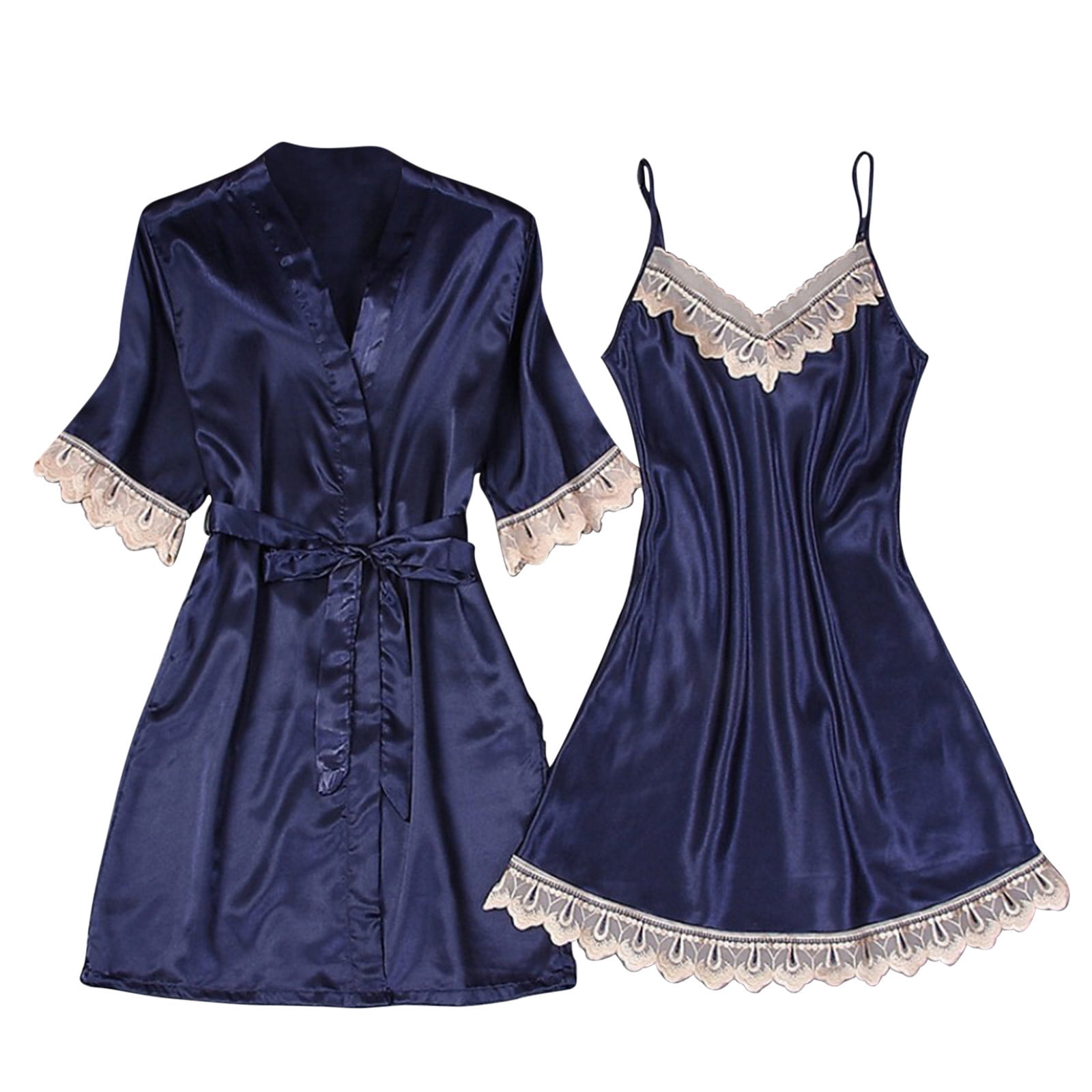 XuJwPNcy Women's 2 Piece Pajamas Satin Sets Cami Robes with Belt and ...