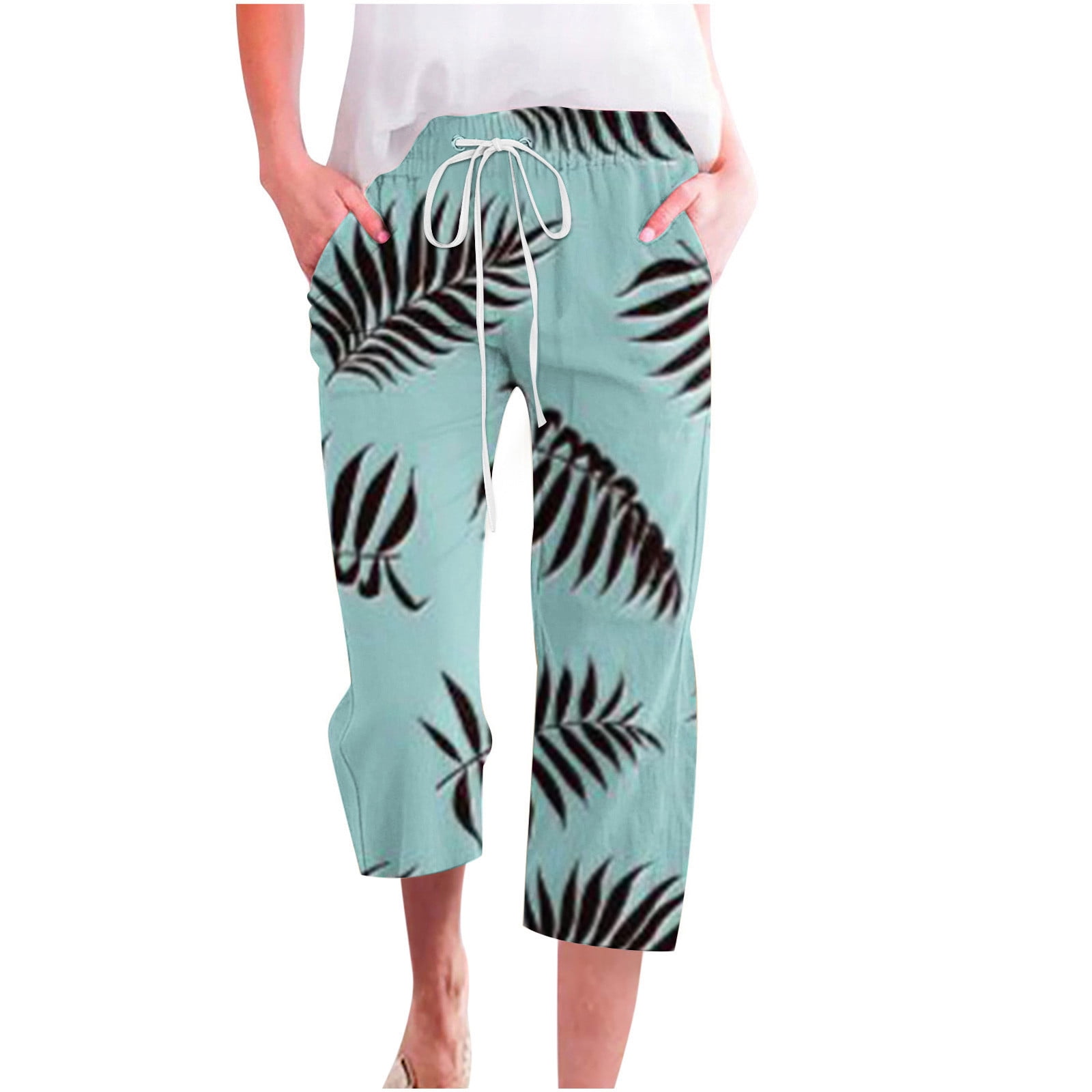 Yuzhih Women's Capri Pants Drawstring High Waisted Straight Leg Cropped ...