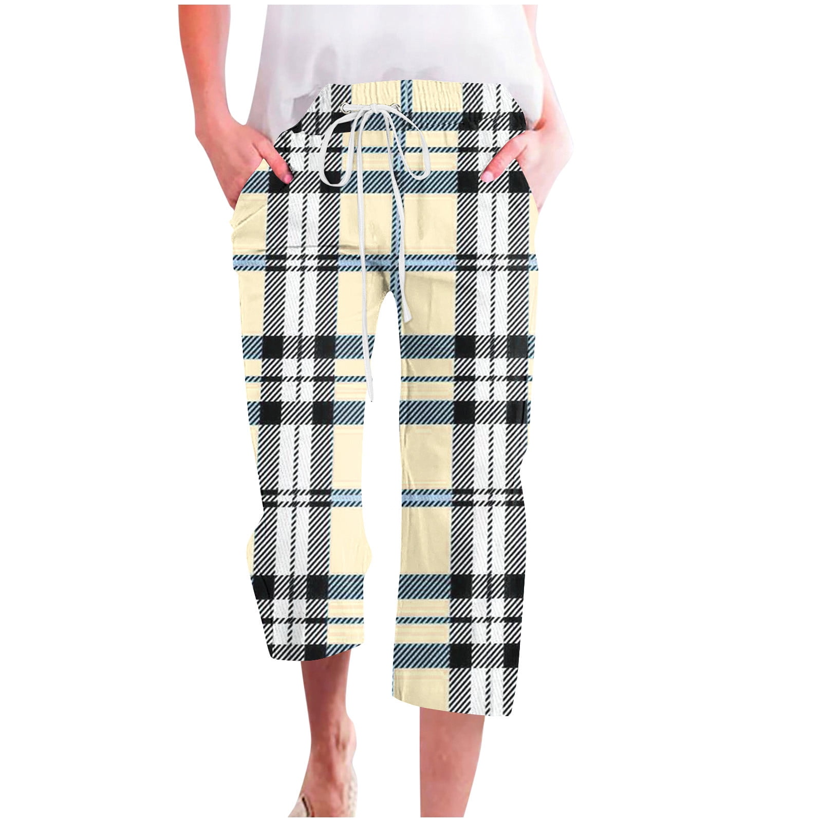 Yuzhih Women's Capri Pants Drawstring High Waisted Wide Leg Cropped ...