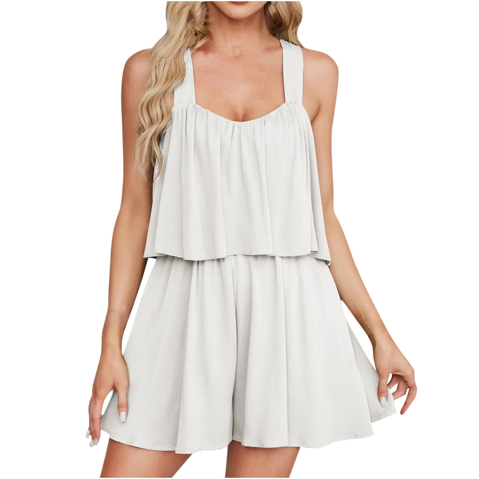 Yuzhih Women's Summer Sleeveless Rompers Square Neck Wide Leg Flowy ...
