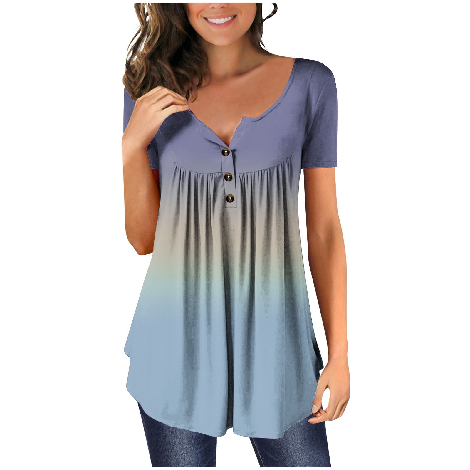 Yuzhih Women's Tunic Tops Summer Short Sleeve V Neck Blouses Pleated ...