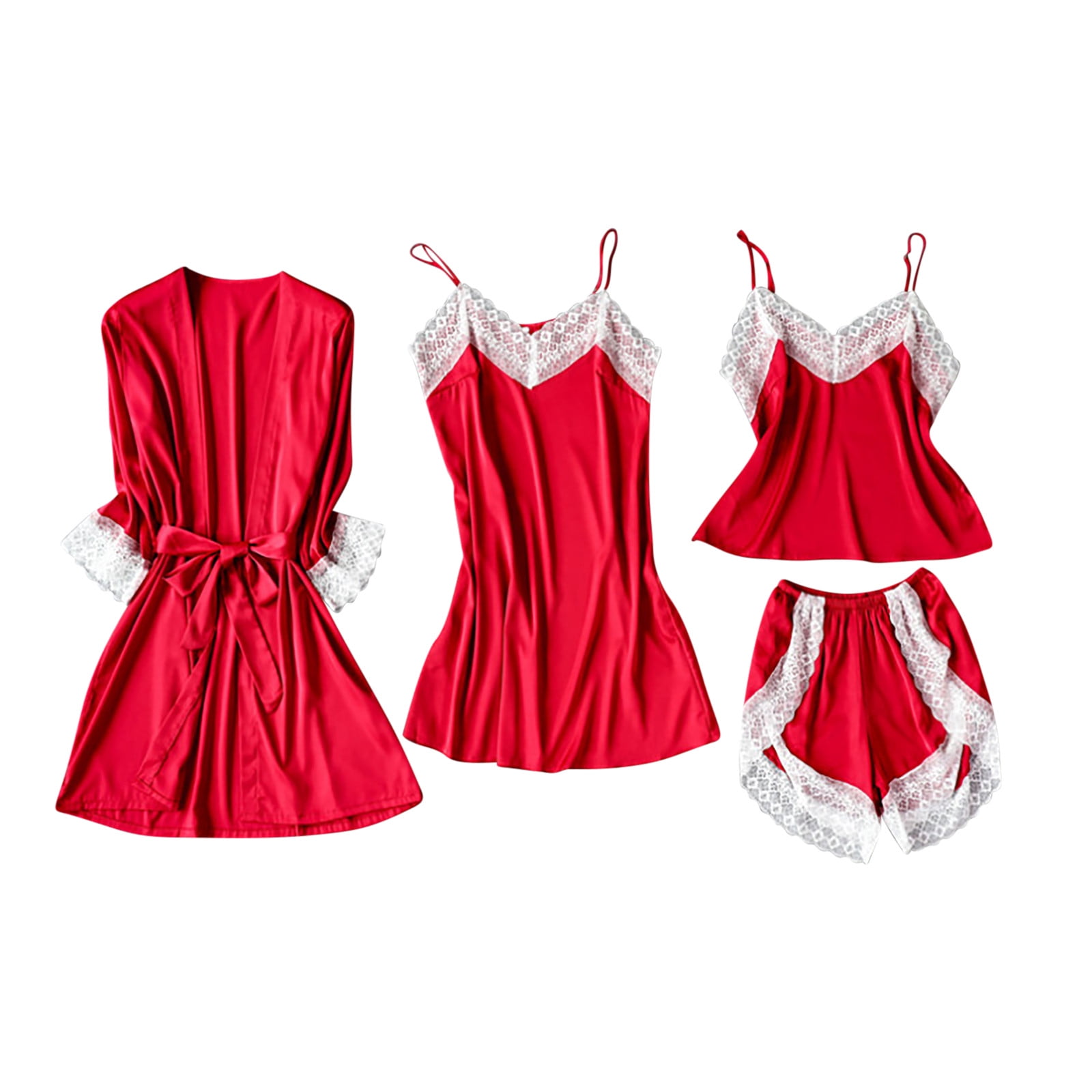 Yuzhih Womens 4 Piece Pajama Satin Sets Sleepwear Cami Robes Nightgowns ...