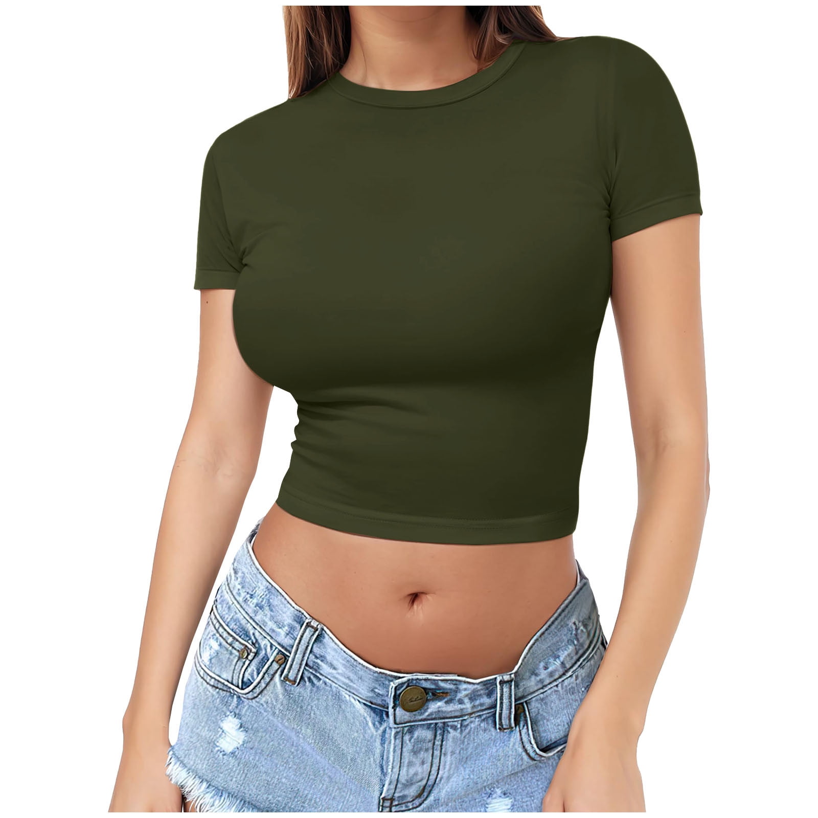 Yuzhih Womens Crop Tops Summer Round Neck Sexy Going out Tees Slim ...