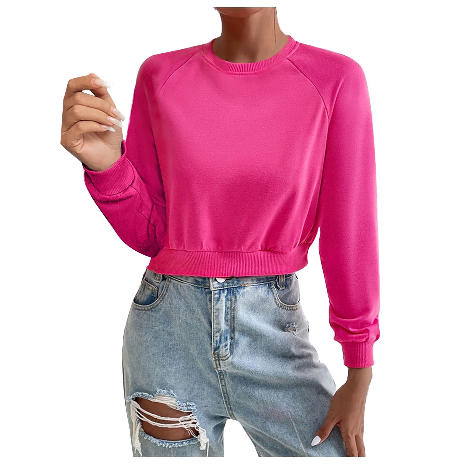 Yuzhih Womens Cropped Sweatshirt Soft Crewneck Long Sleeve Oversized ...