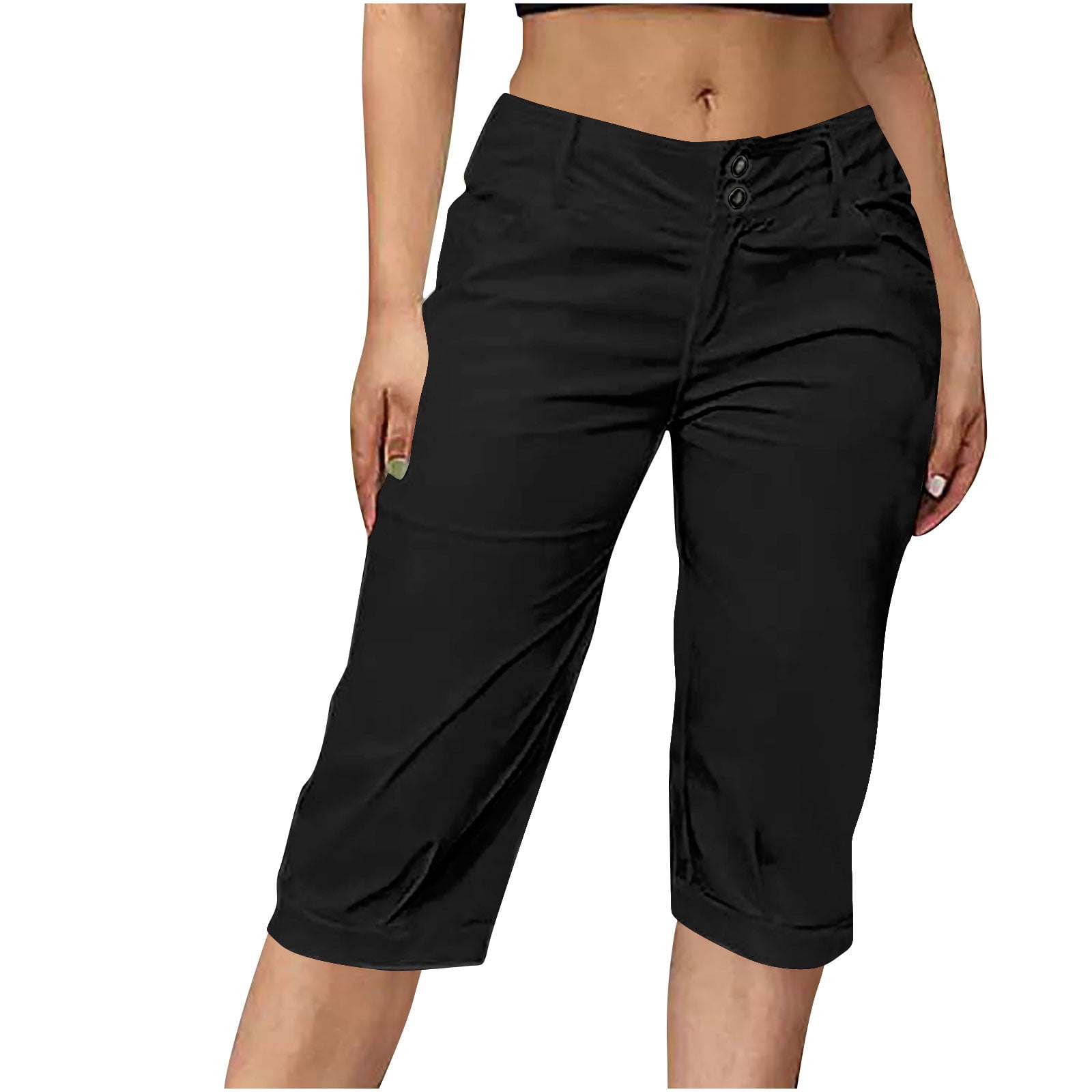 Yuzhih Workout Capri Pants for Women Button Waist Sports Capris Casual ...
