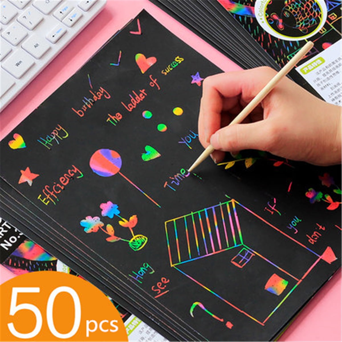 Ywmsfl Set, 50 Piece Rainbow Scratch Paper for Kids Black Scratch Off ...