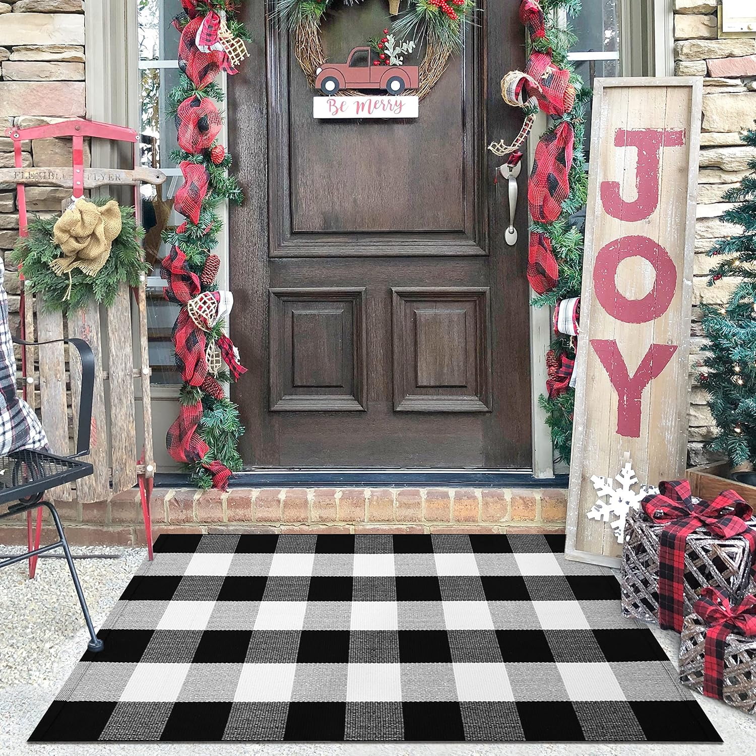 Ywuzuh Buffalo Plaid Outdoor Rug Black and White Check Rug Front Porch ...