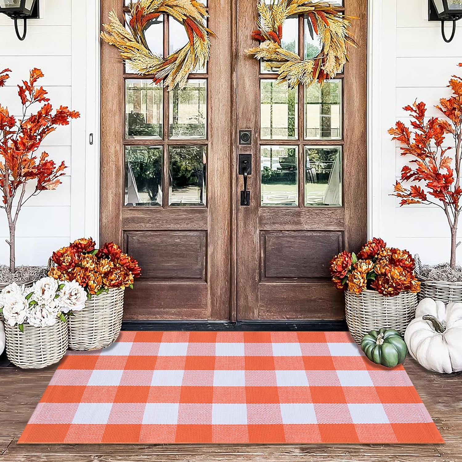 Ywuzuh Fall Outdoor Rug Orange Buffalo Plaid Outdoor Rug Cotton Hand ...