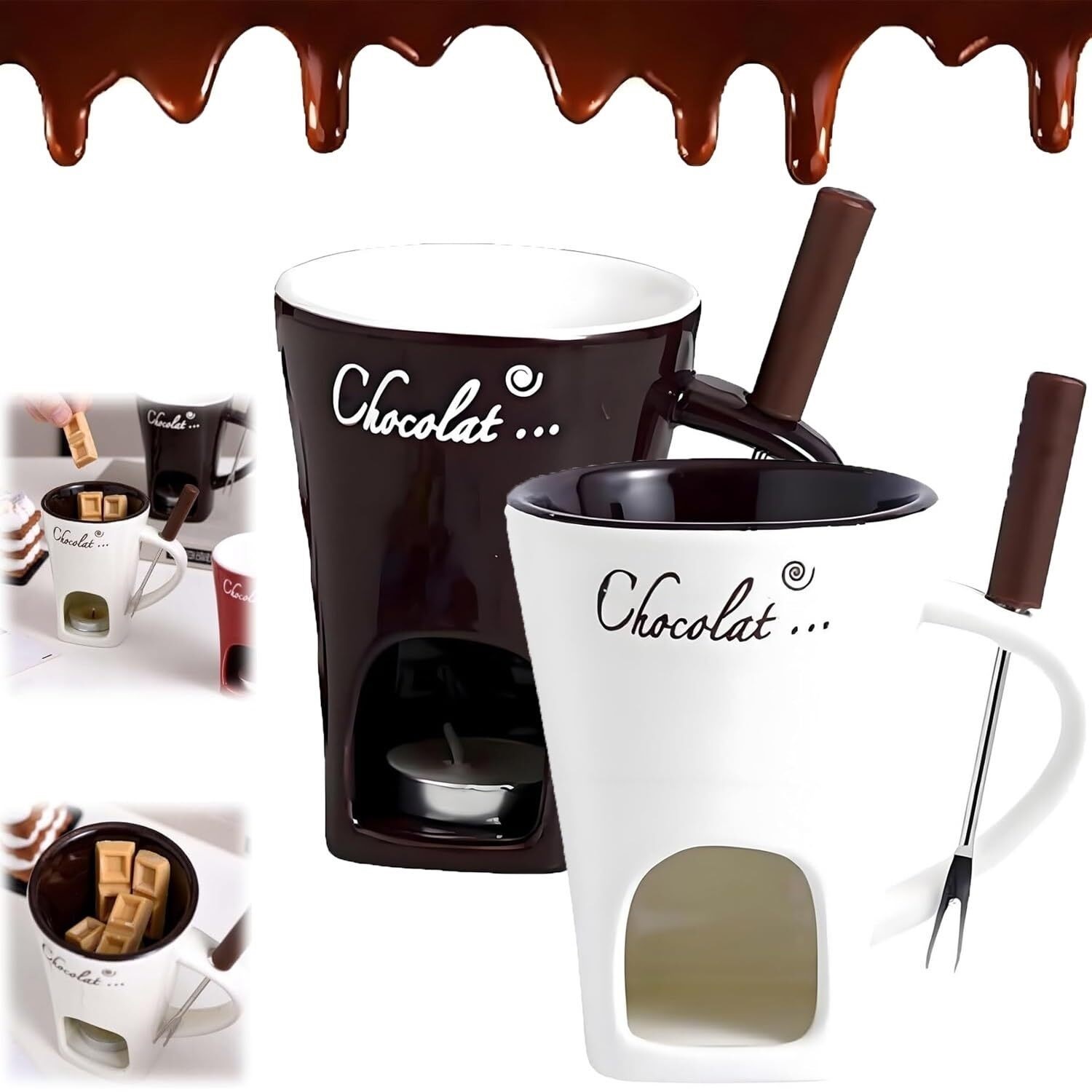 Ywyhus Ceramic Fondue Mug, Chocolate Fondue Meltie Cup Set with Fork ...