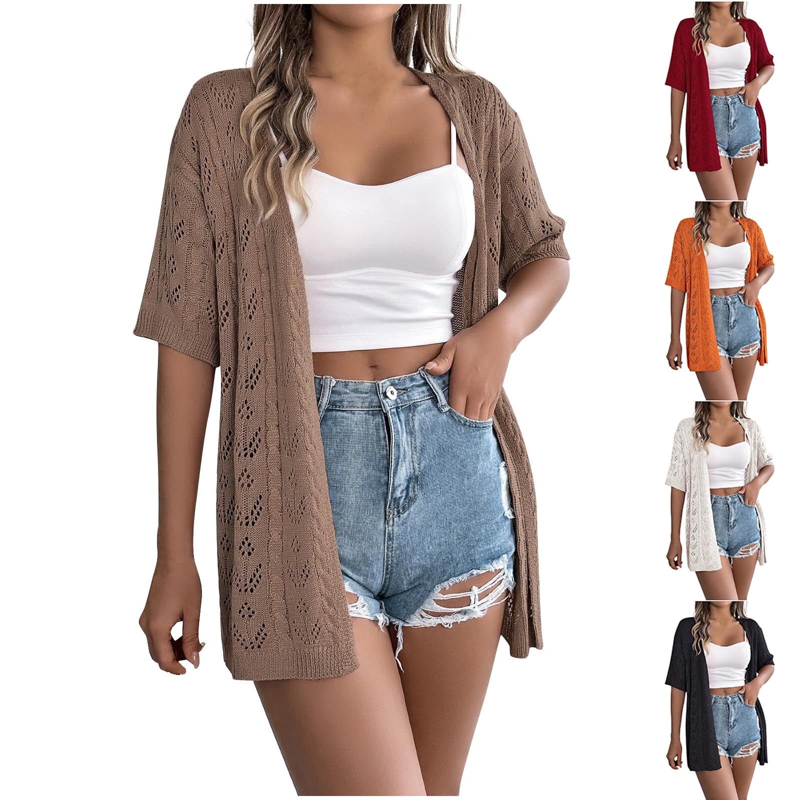 Yxbdin Short Sleeve Cardigan for Women Summer Eyelet Crochet Cardigan ...