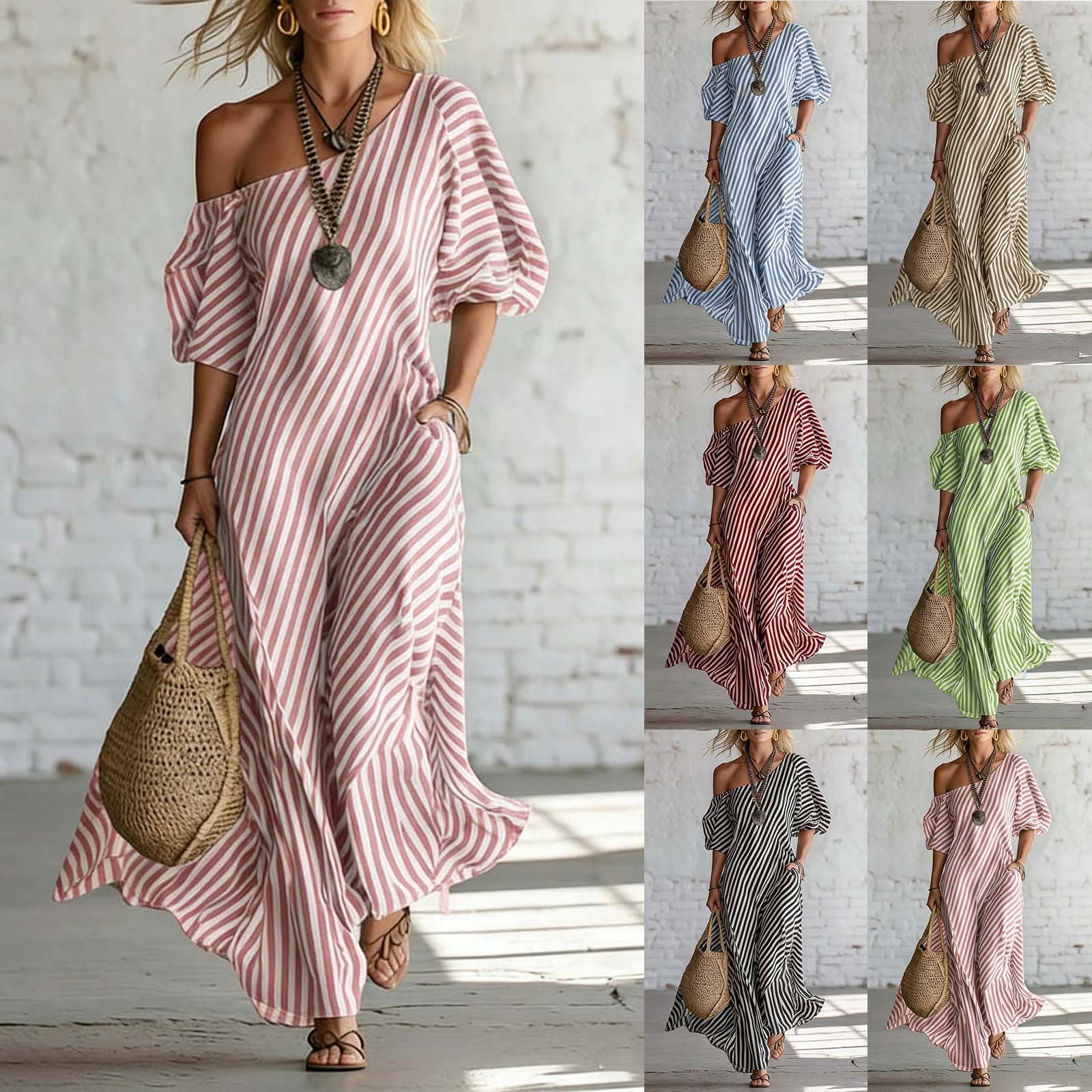 Yxbdin Off the Shoulder Maxi Dresses for Women Elegant Striped Print ...