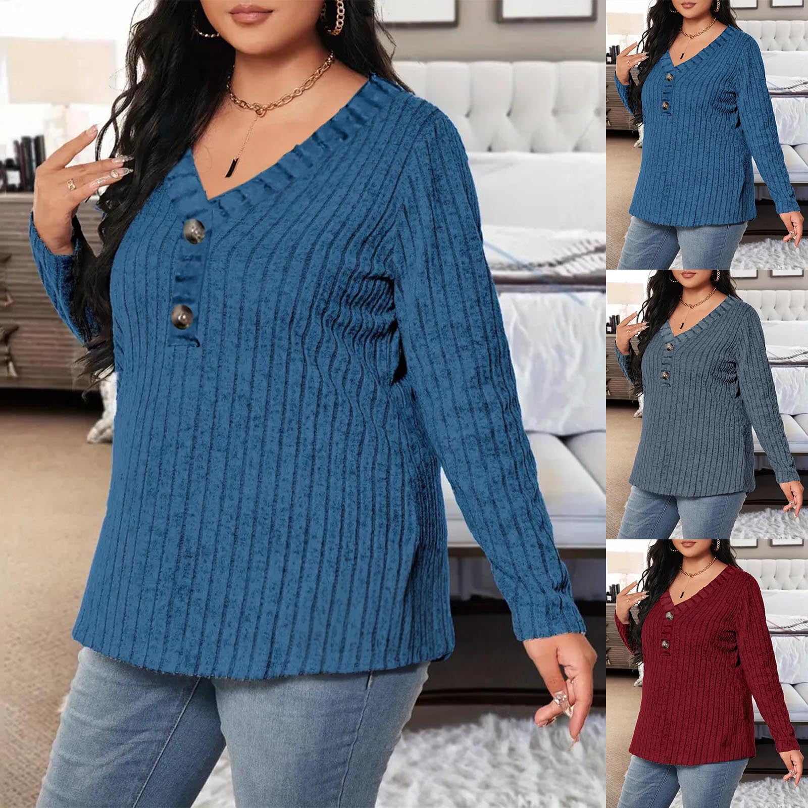 Yxbdin Women Plus Size Ribbed Knit Shirts Loose Fit Long Sleeve Tunic ...
