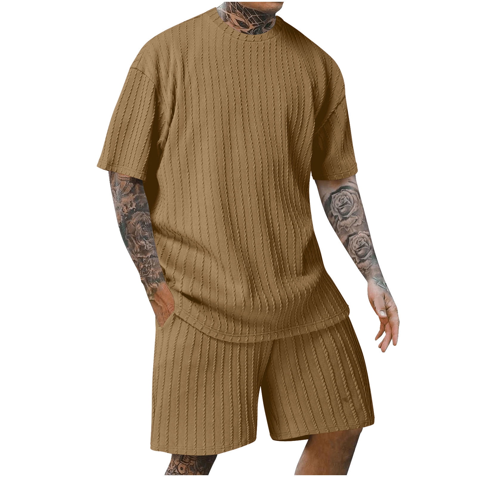 Yyeselk Men's 2 Piece Outfits Textured Short Sleeve Crewneck Summer T ...