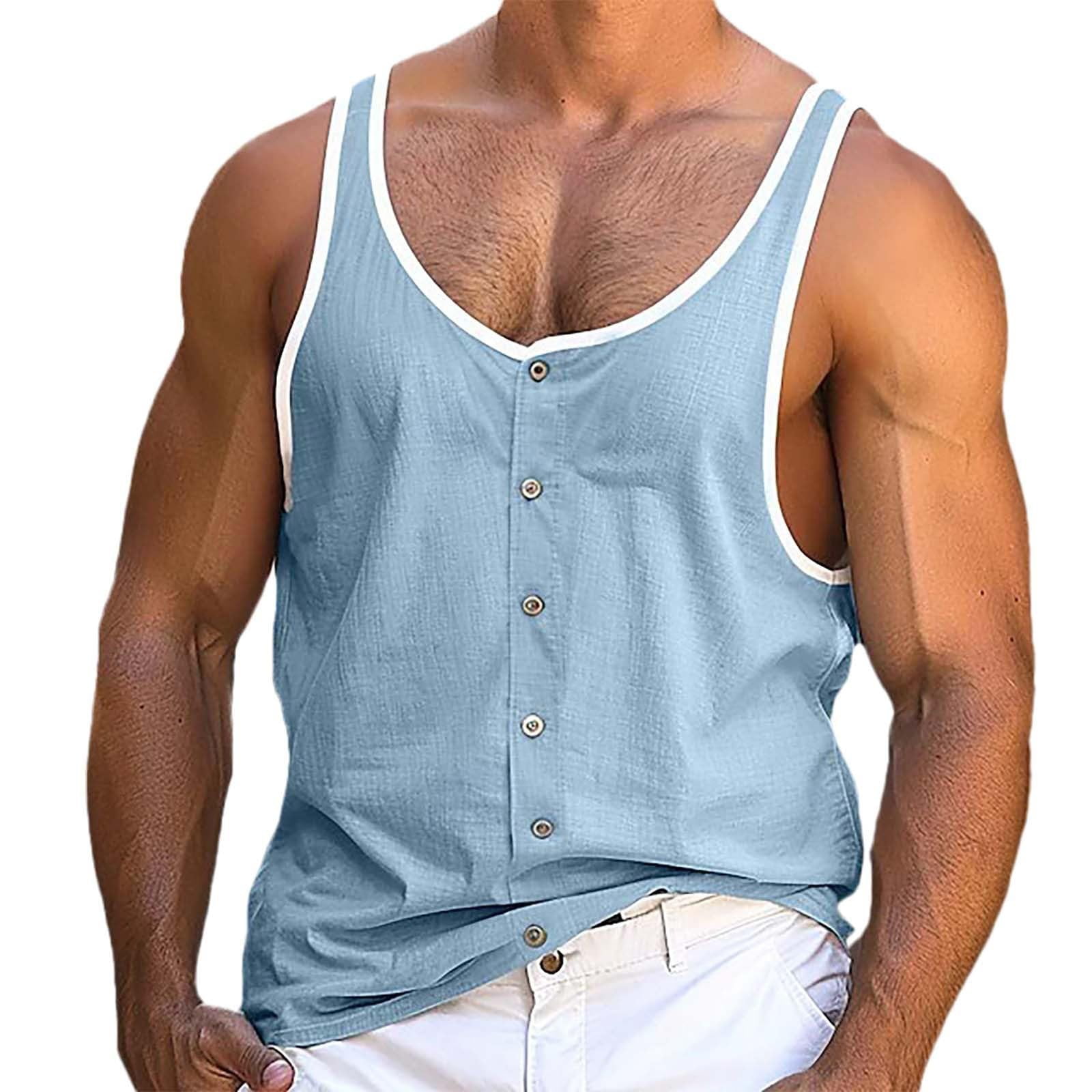 Yyeselk Men's Button Up Workout Tank Tops Casual Fitness Gym Sleeveless ...