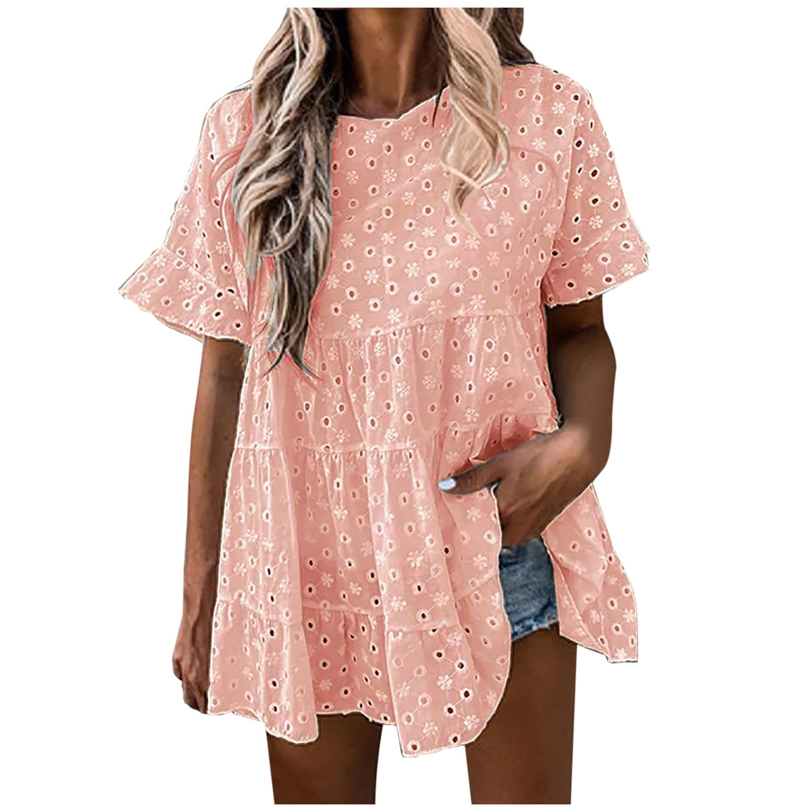 Yyeselk Peplum Shirts for Women Ruffle Short Sleeves Crew Neck Tunic Tops Trendy Crochet Eyelet ...