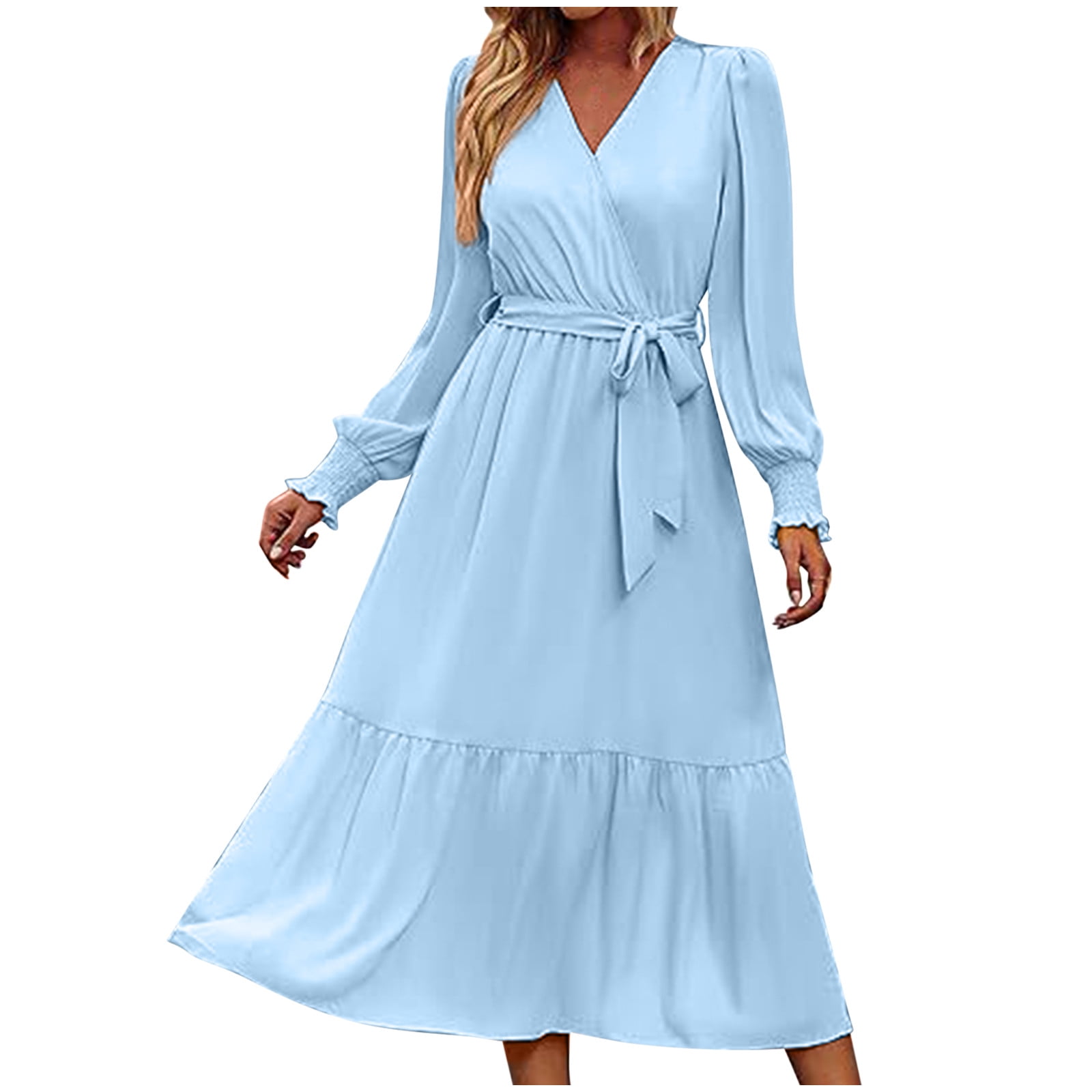 Yyeselk Women's Casual V Neck Bohemian Long Dresses Long Sleeve Wrap ...