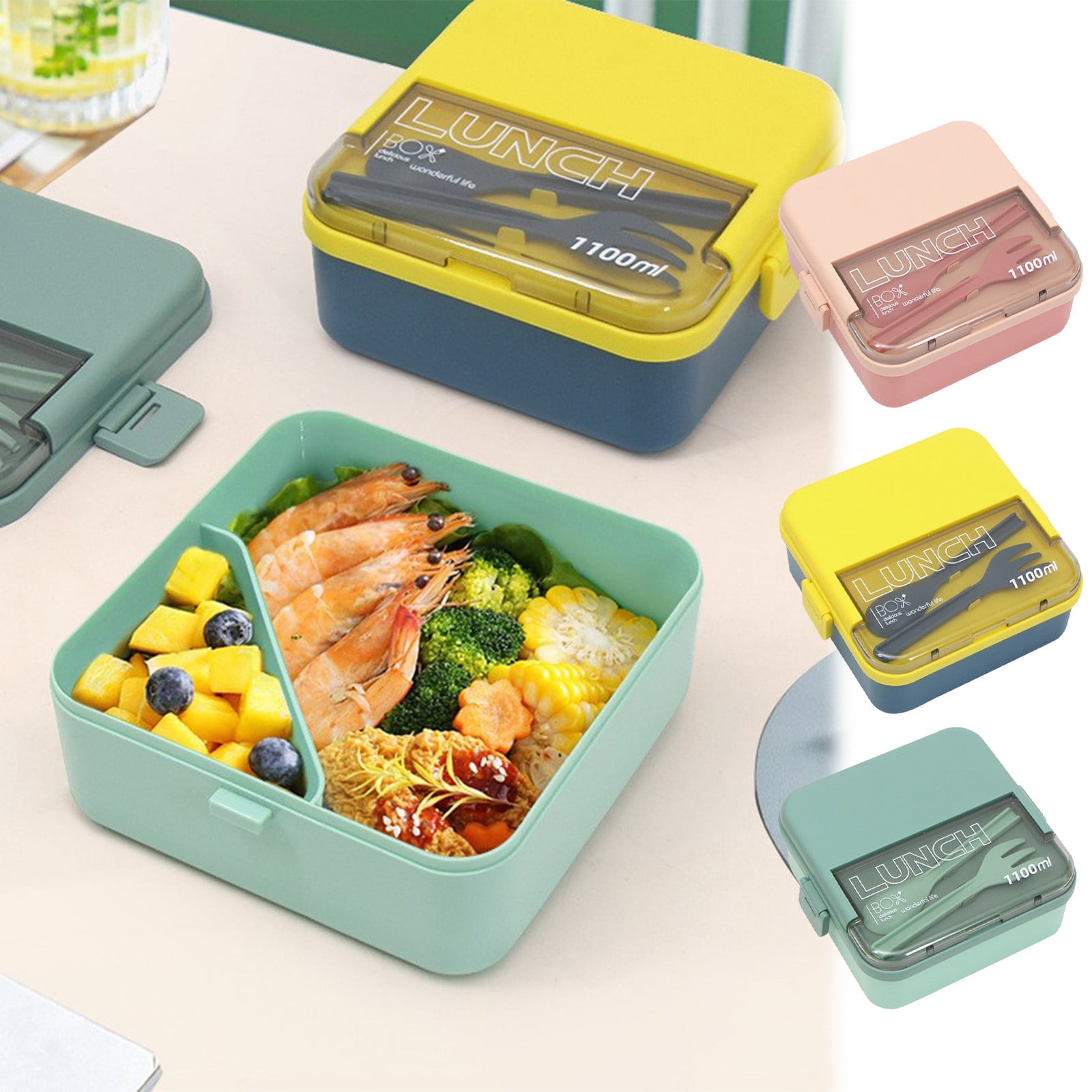 Yyuenw 1100ml Divided Lunch Box with Cutlery - Portable Microwave-Safe ...