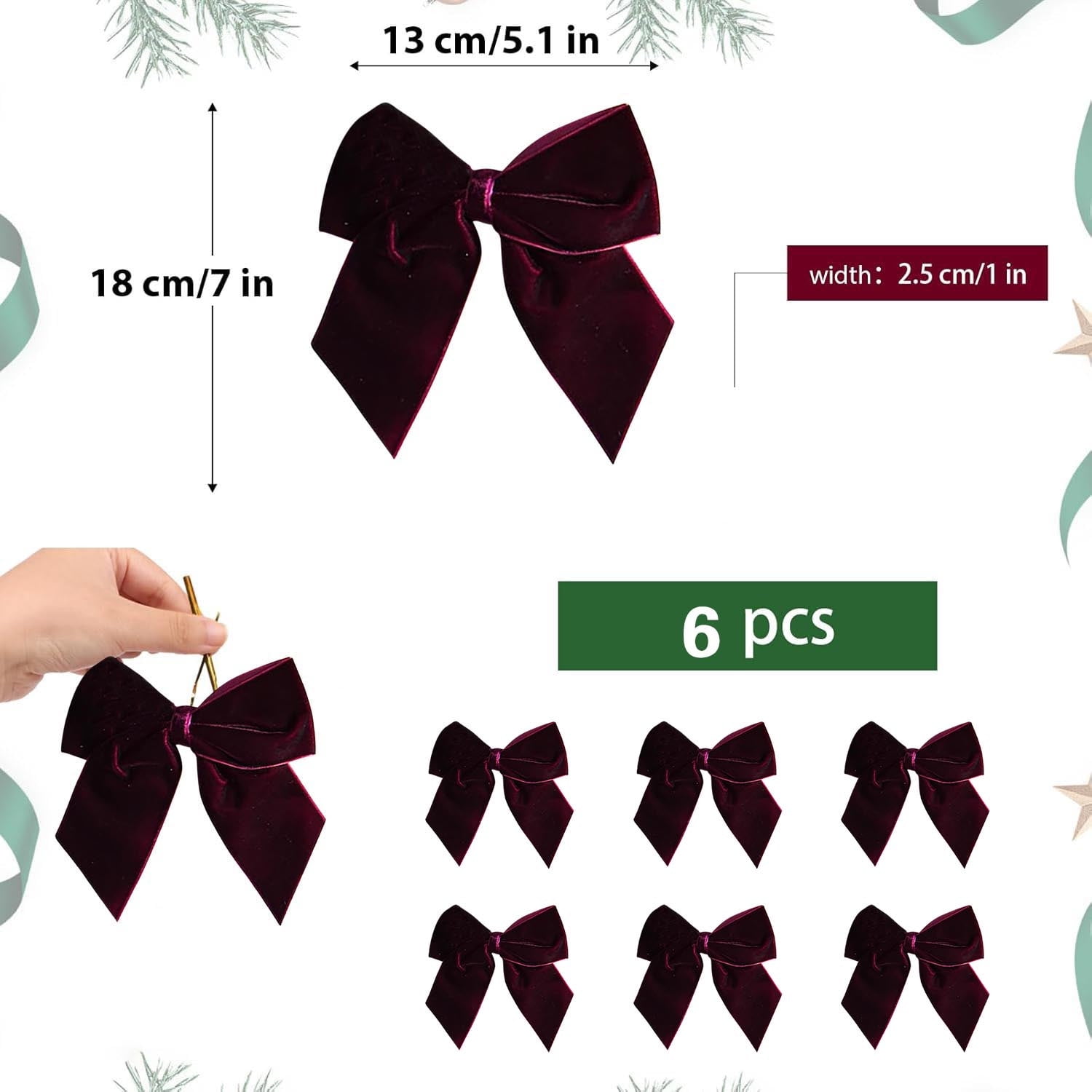 Yyuenw 6 Pcs Velvet Bows for Christmas Tree 5 Inch Christmas Bows ...