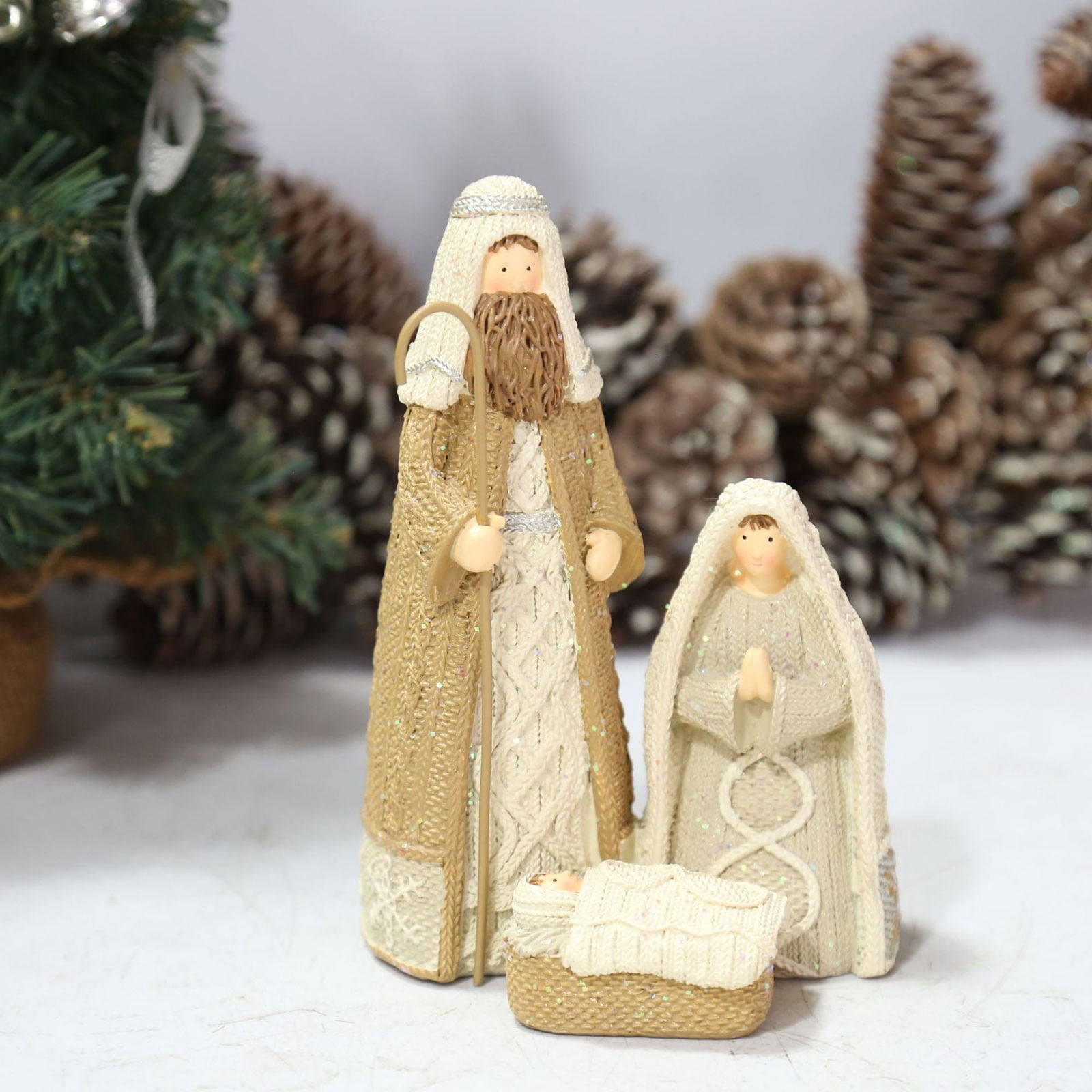 Yyuenw Christmas Resin Wool Effect Holy Family Figures Desktop Display ...
