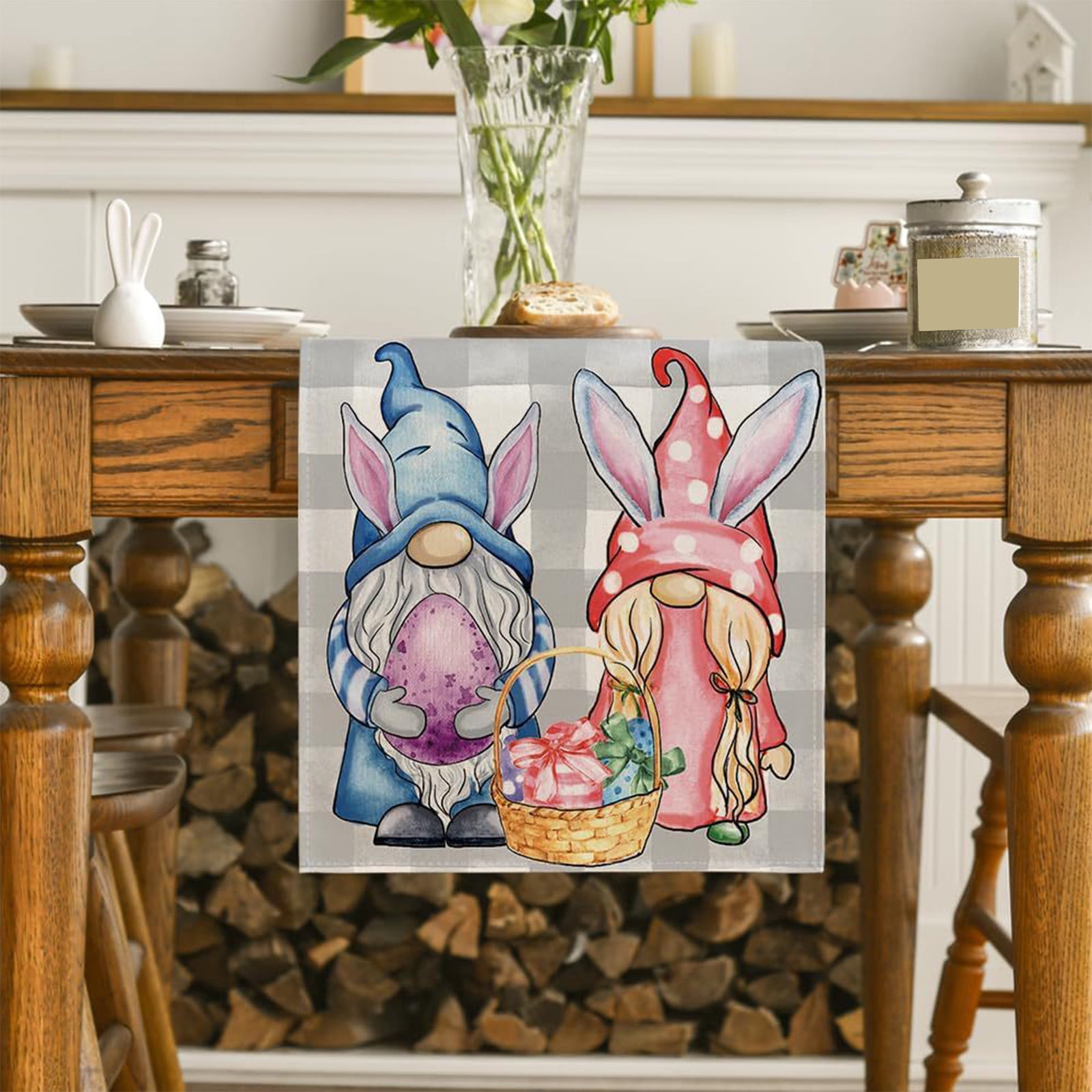 Yyuenw Easter Buffalo Plaid Bunny Gnomes Eggs Easter Table Runner ...