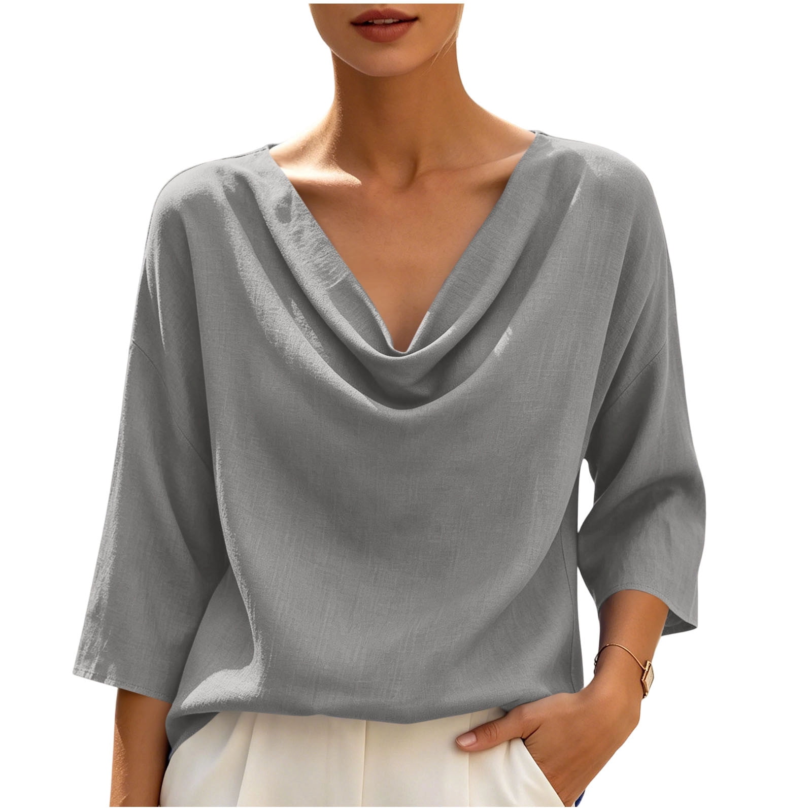 Yyuenw Women's Cowl Neck Draped Linen Blend Blouse, 3/4Sleeve Loose ...