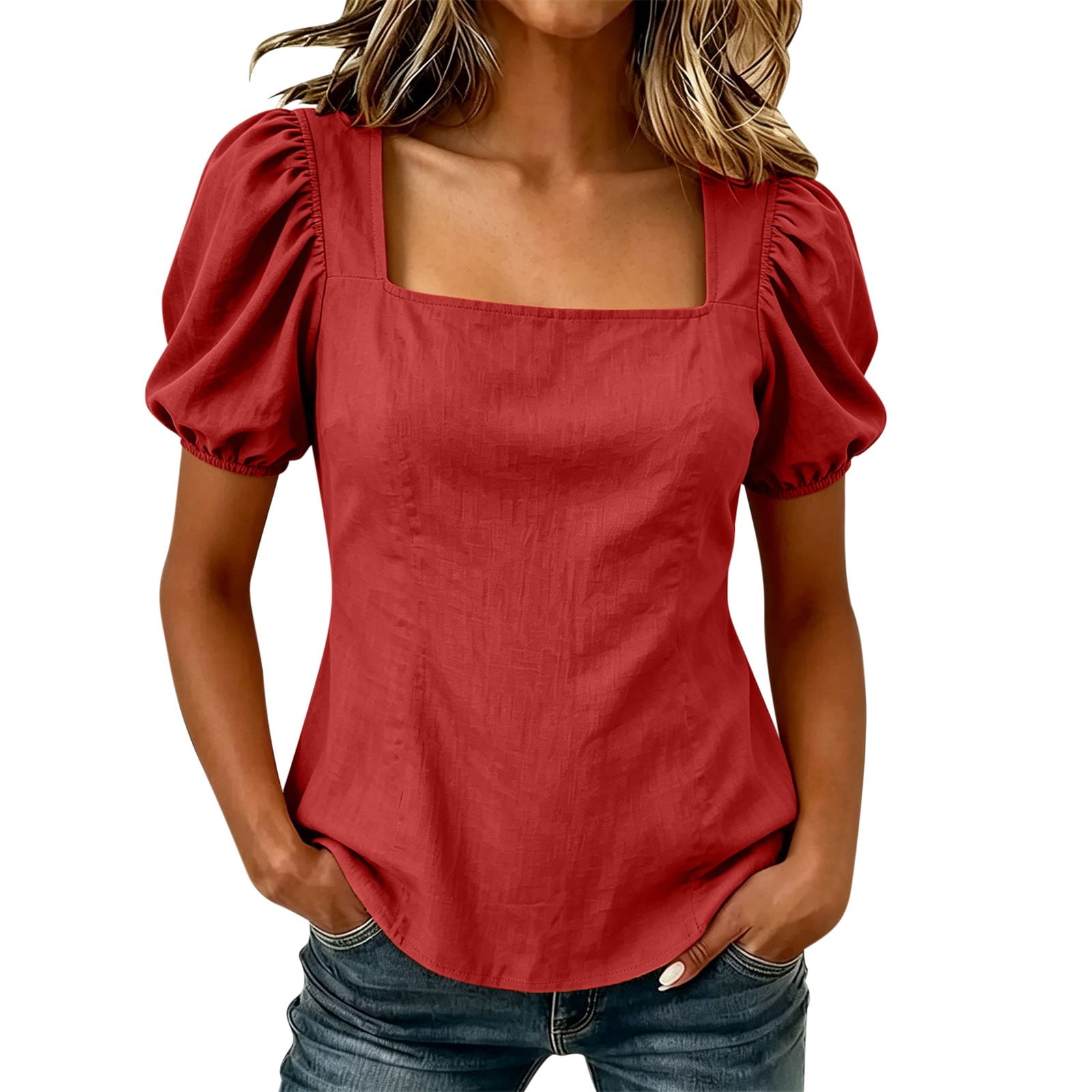 Yyuenw Women's Summer Square Neck Linen Blouse, Puff Short Sleeve ...