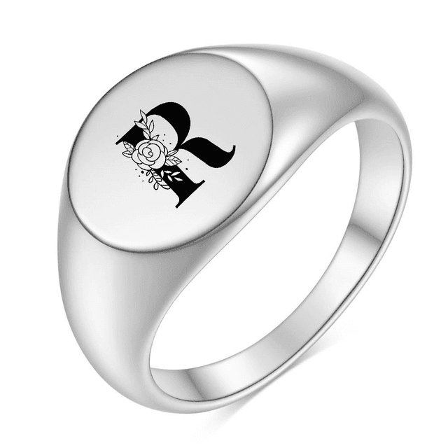 Z.LP Women's Personalized Floral Ring: Engraved Letter 'R' Signet Ring ...