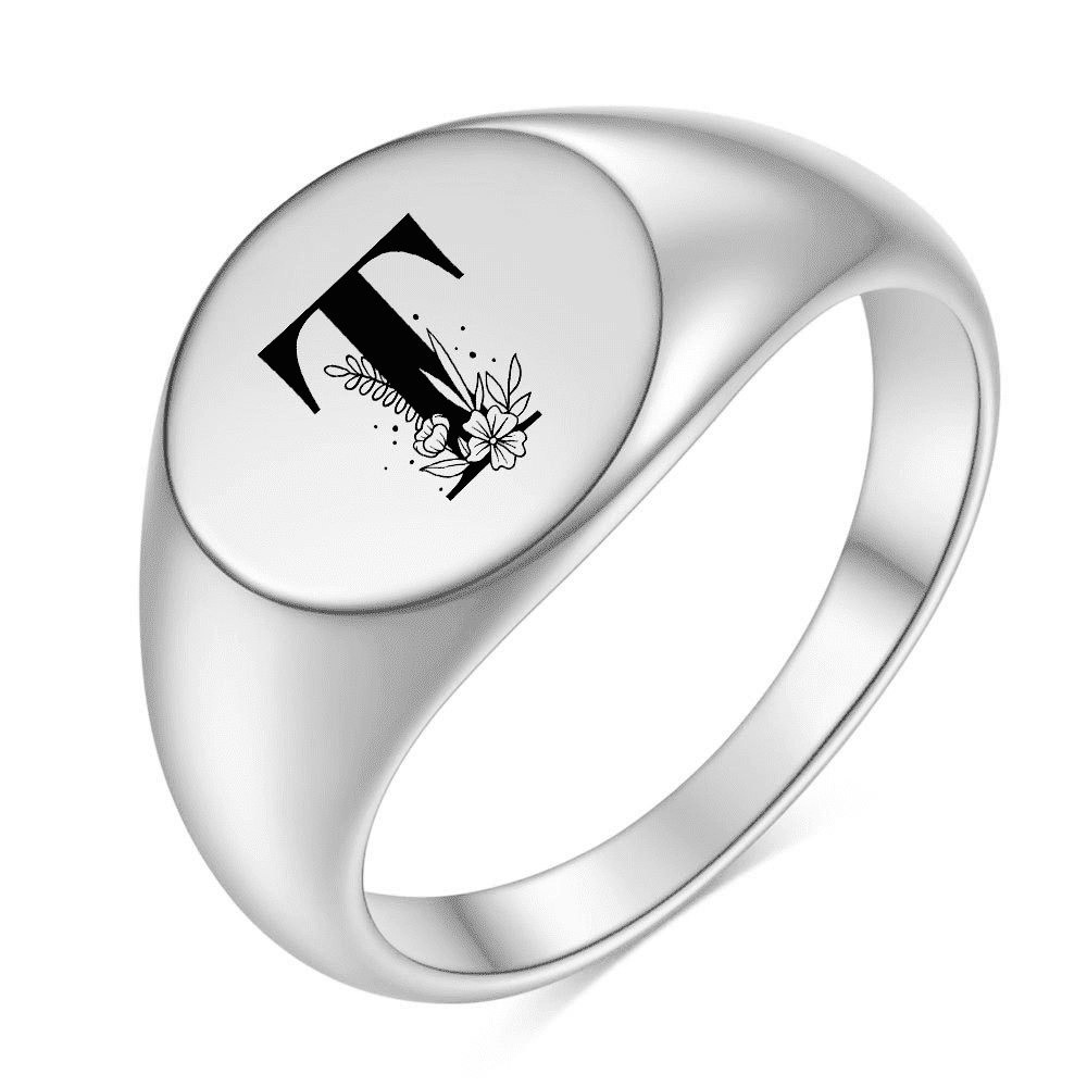 Z.LP Women's Personalized Floral Ring: Engraved Letter 'T' Signet Ring ...