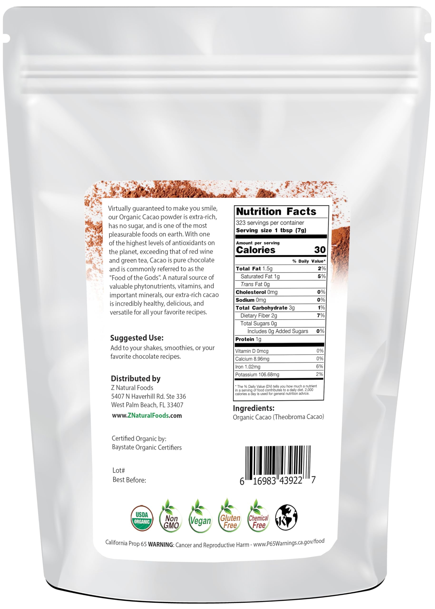 Z Natural Foods SCH4 Organic Cacao Powder - Unsweetened Nutrient-Dense ...