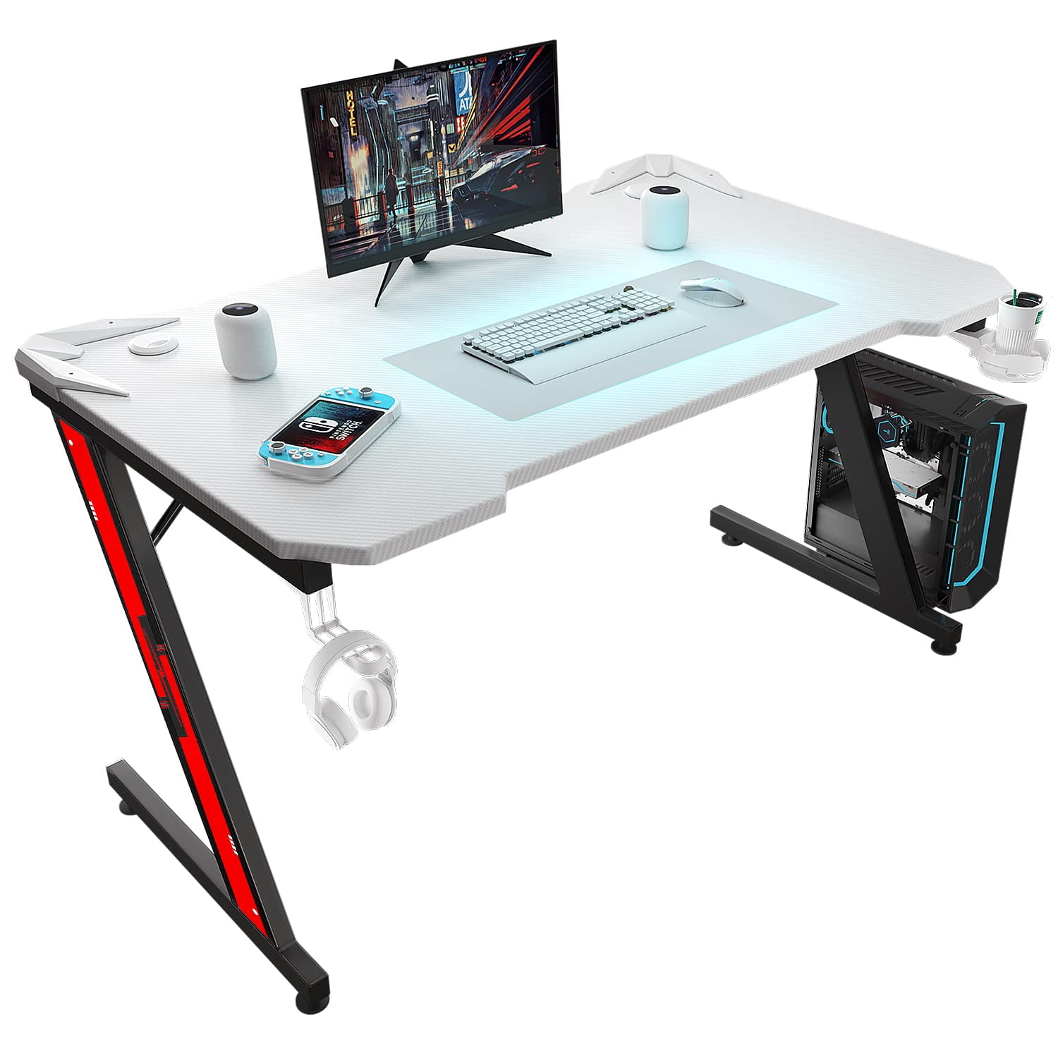 Z Shaped Gaming Desk with Carbon Fiber Texture Surface, Large PC ...