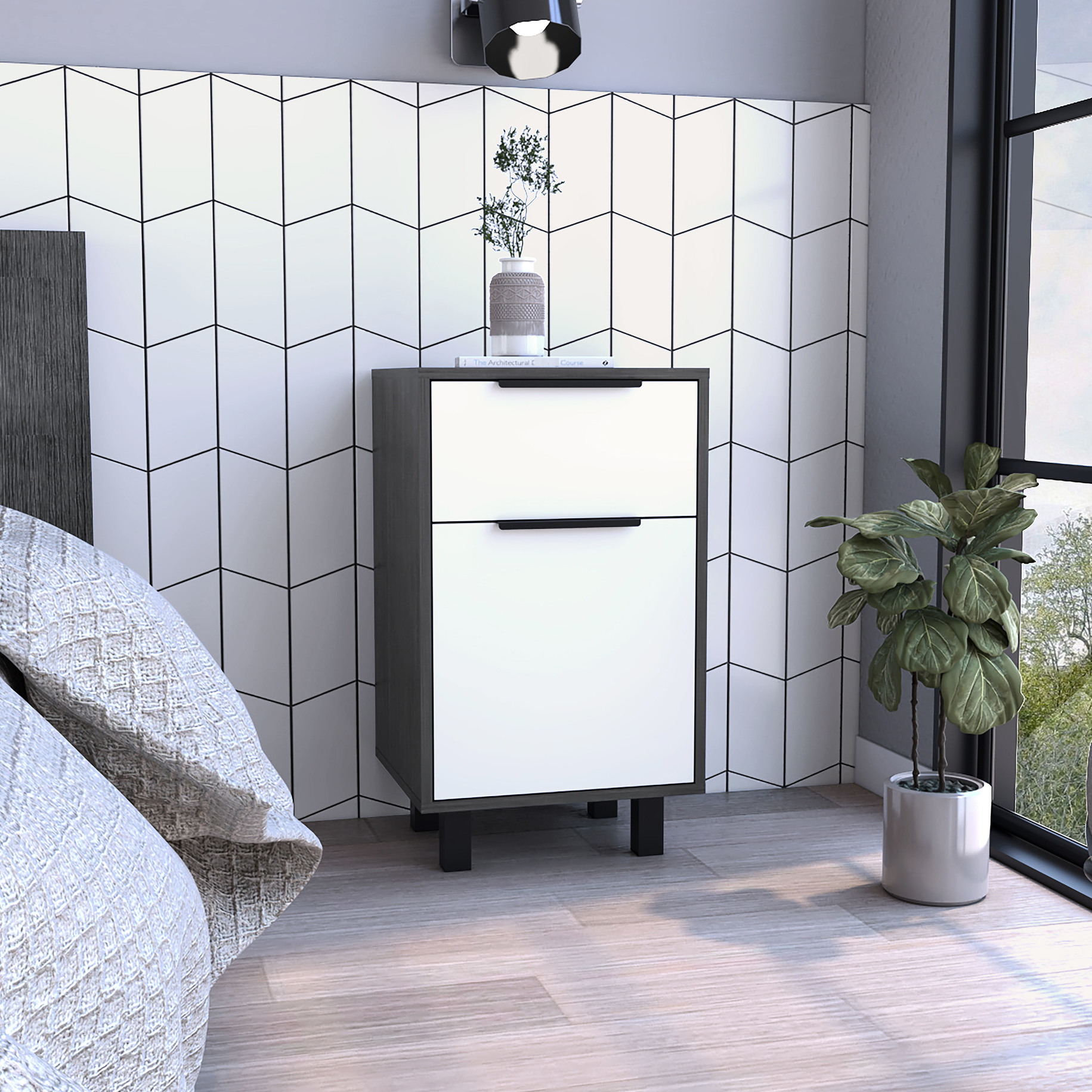 Z Side Table, 27 Inches Tall, Oak/white, Drawer & Cabinet, Scratch ...