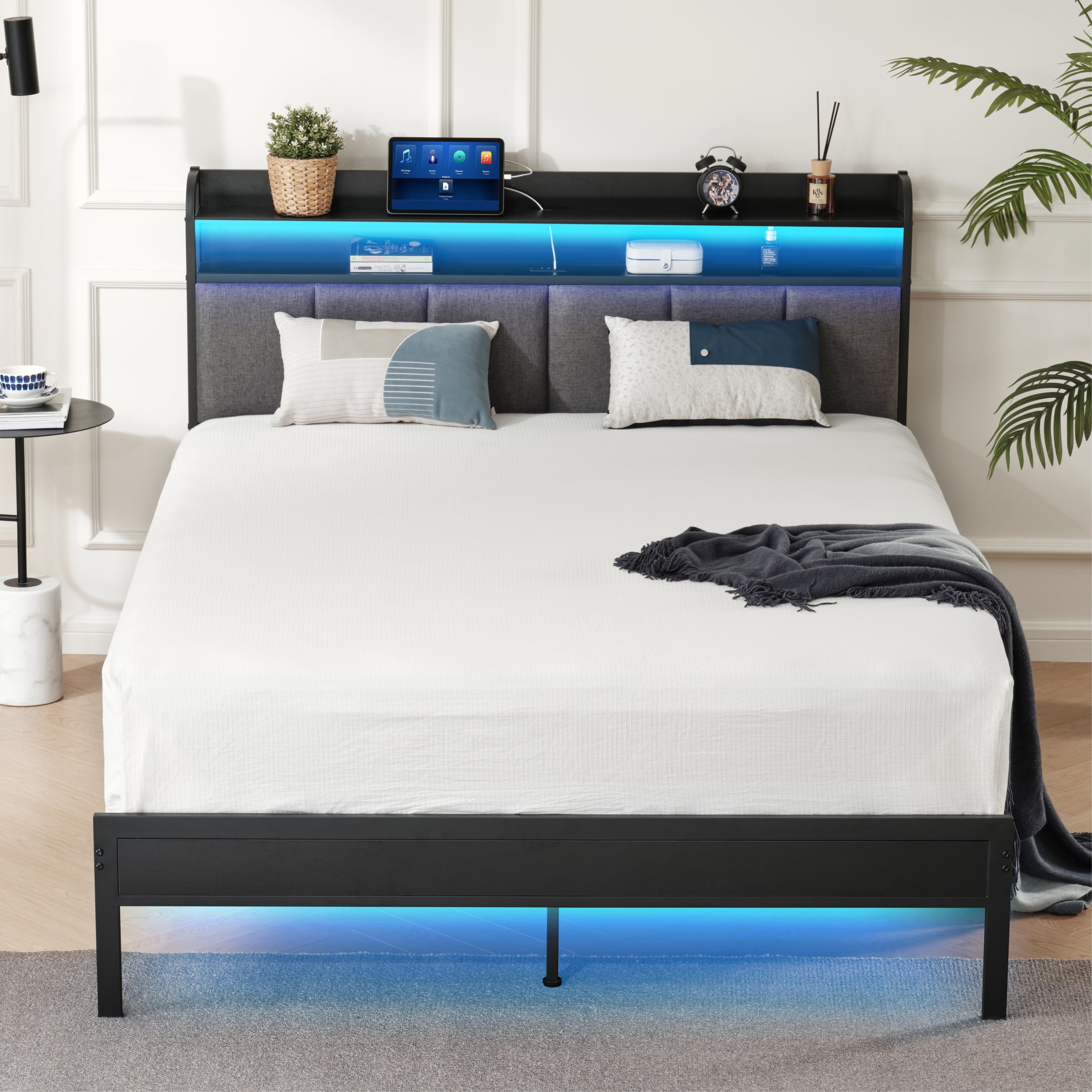 Z-hom Full Size Bed Frame with LED Headboard, Heavy Duty Metal & Wood ...