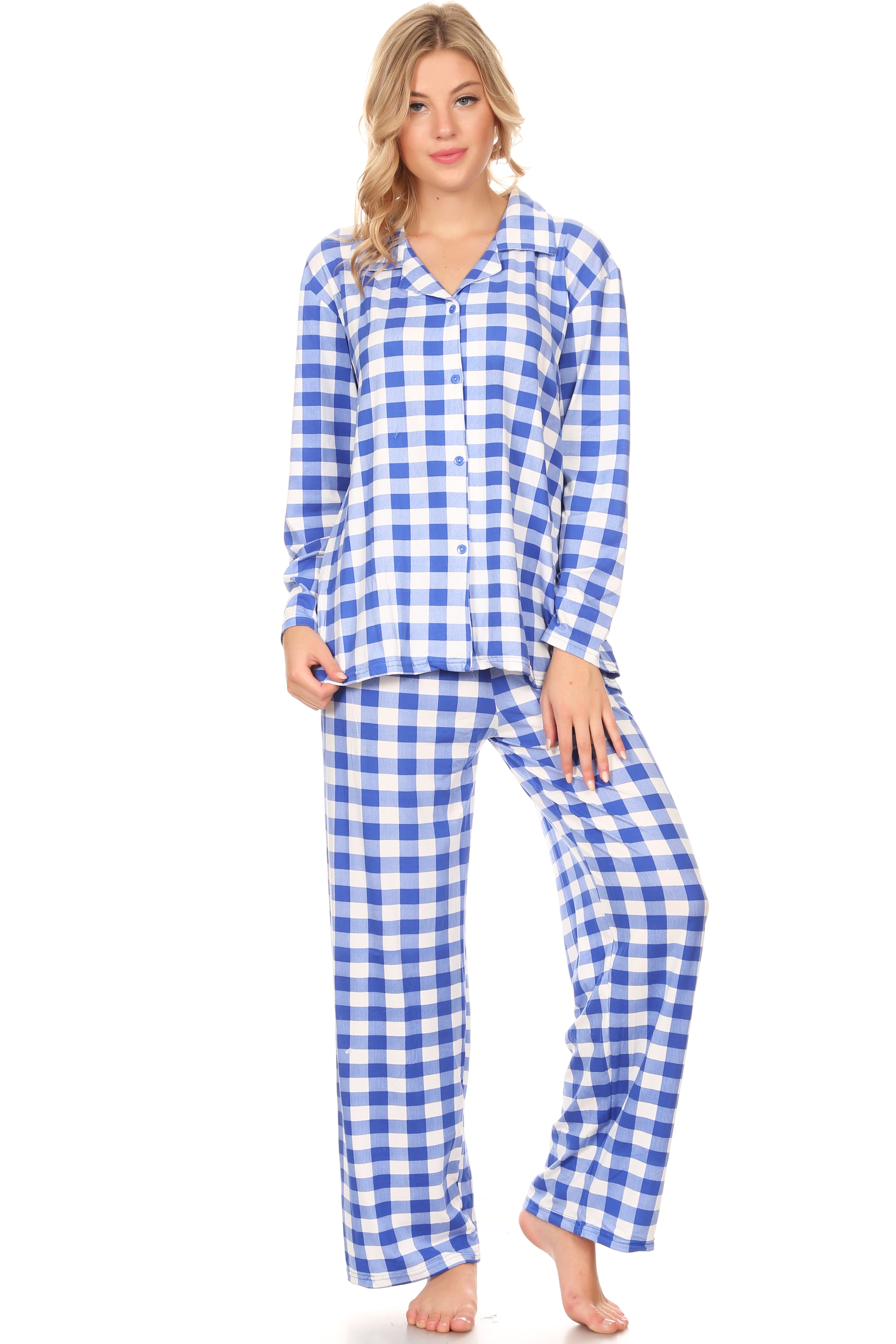 Z2150 Womens Sleepwear Pajamas Woman Long Sleeve Button Down Set Blue