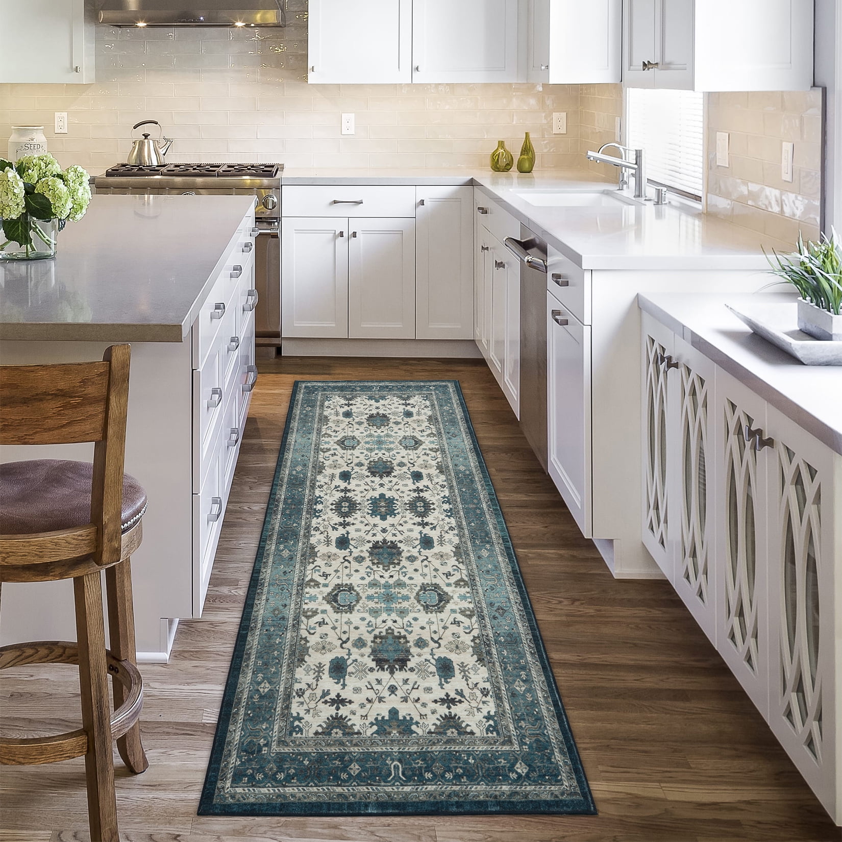 ZACOO 2' x 6' Blue Runner Rug Floral Print Area Rug Vintage Persian Rug ...