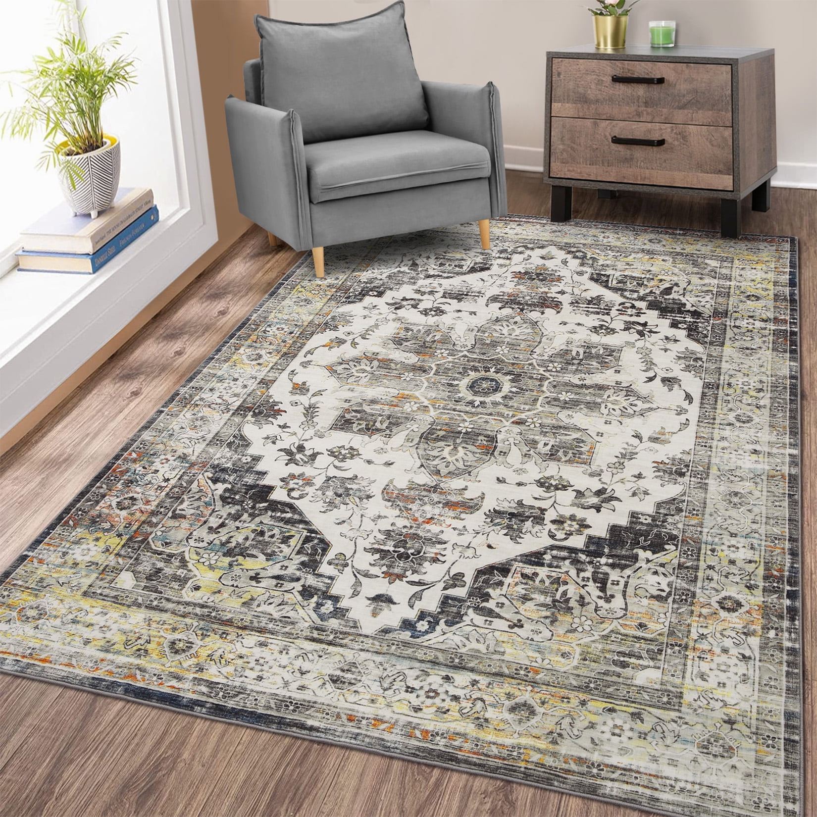 Zacoo 8' x 10' Vintage Persian Area Rug, Gray, Floral Pattern, Low Pile ...