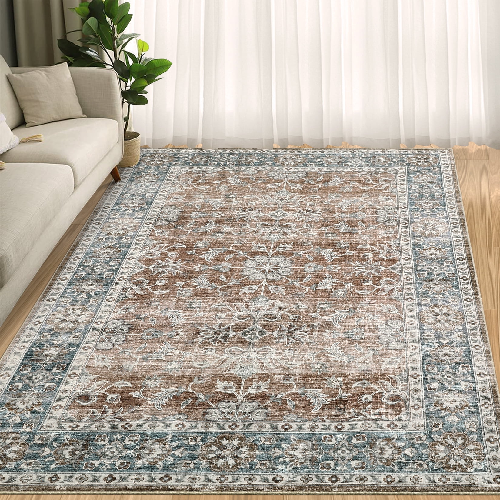 ZACOO 8' x 10' Living Room Rug Floral Print Brown Large Rug Non Slip ...