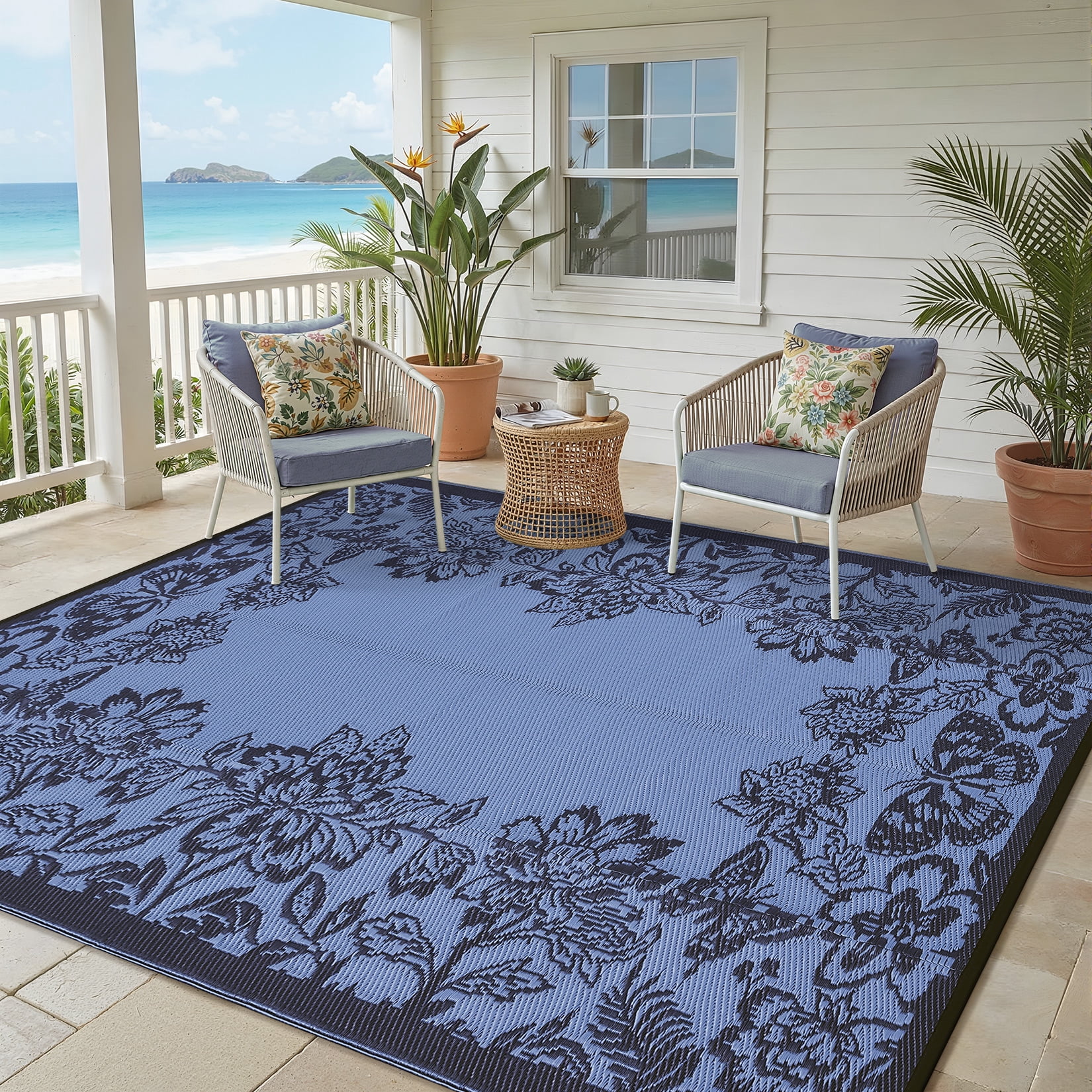 ZACOO 8'x10' Floral & Butterfly Border Outdoor Rug, Waterproof UV ...