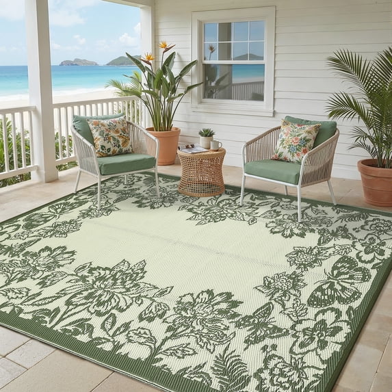 ZACOO 9'x12' Floral & Butterfly Border Outdoor Rug, Waterproof UV ...