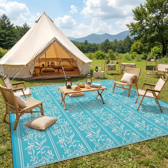 ZACOO 9'x12' Reversible Floral Stripe Outdoor Rug, Waterproof UV ...
