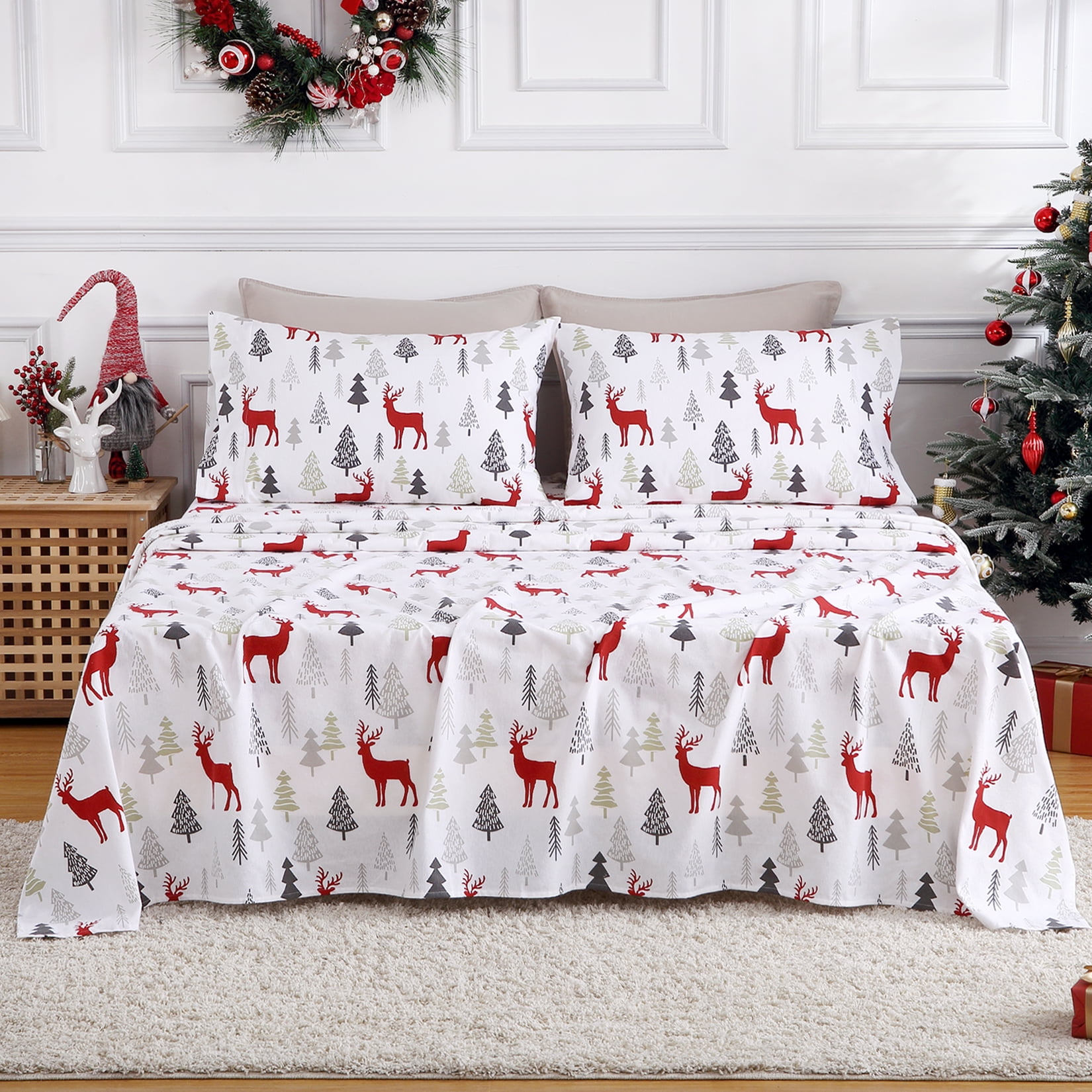ZACOO Christmas Flannel Sheets Queen 100% Cotton Printed Bed Sheet Set ...