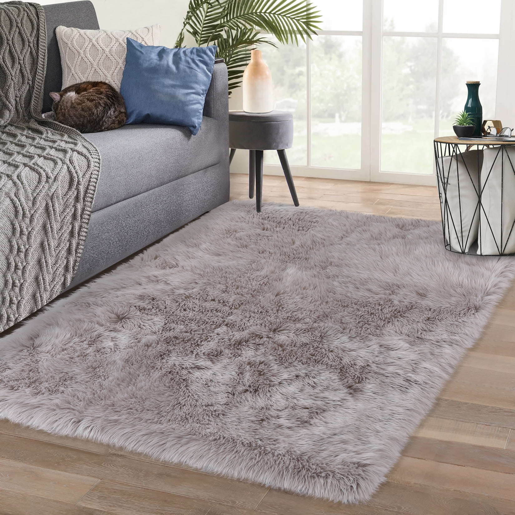 ZACOO Gray 4'x6' Soft Faux Fur Area Rugs Floor Mat Luxury Beside Carpet ...