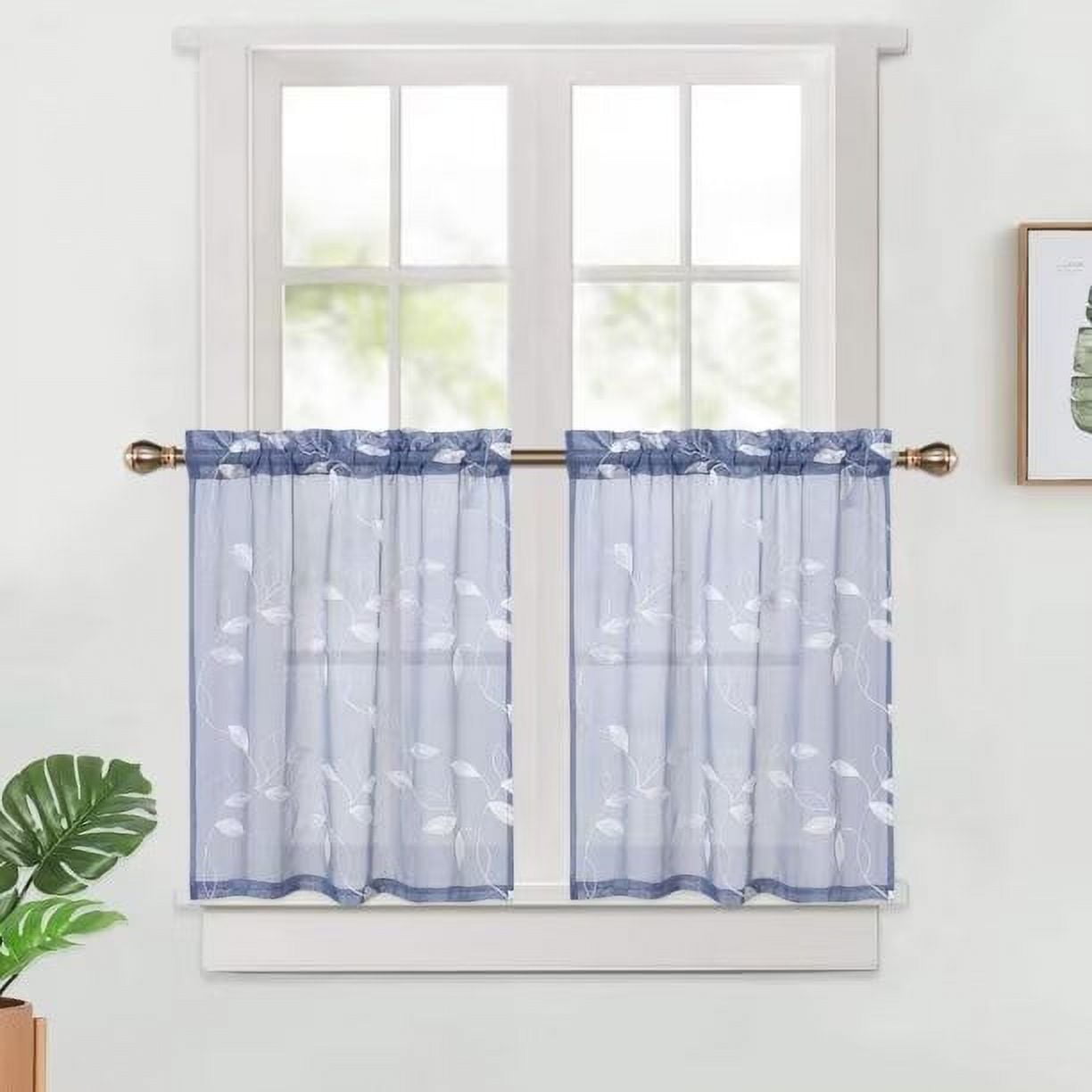 ZACOO Leaf Embroidery Sheer Kitchen Curtains, 30 Inches Long, Faux ...