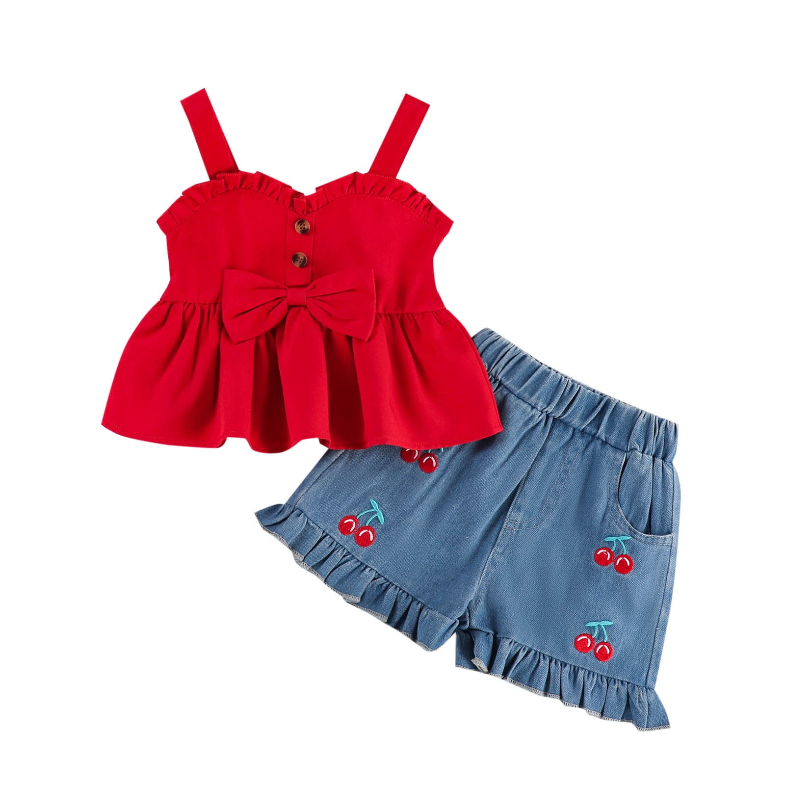 ZACPNCV Girl's 2 Piece Outfit Bow Knot Tank Top and Print Denim Shorts ...