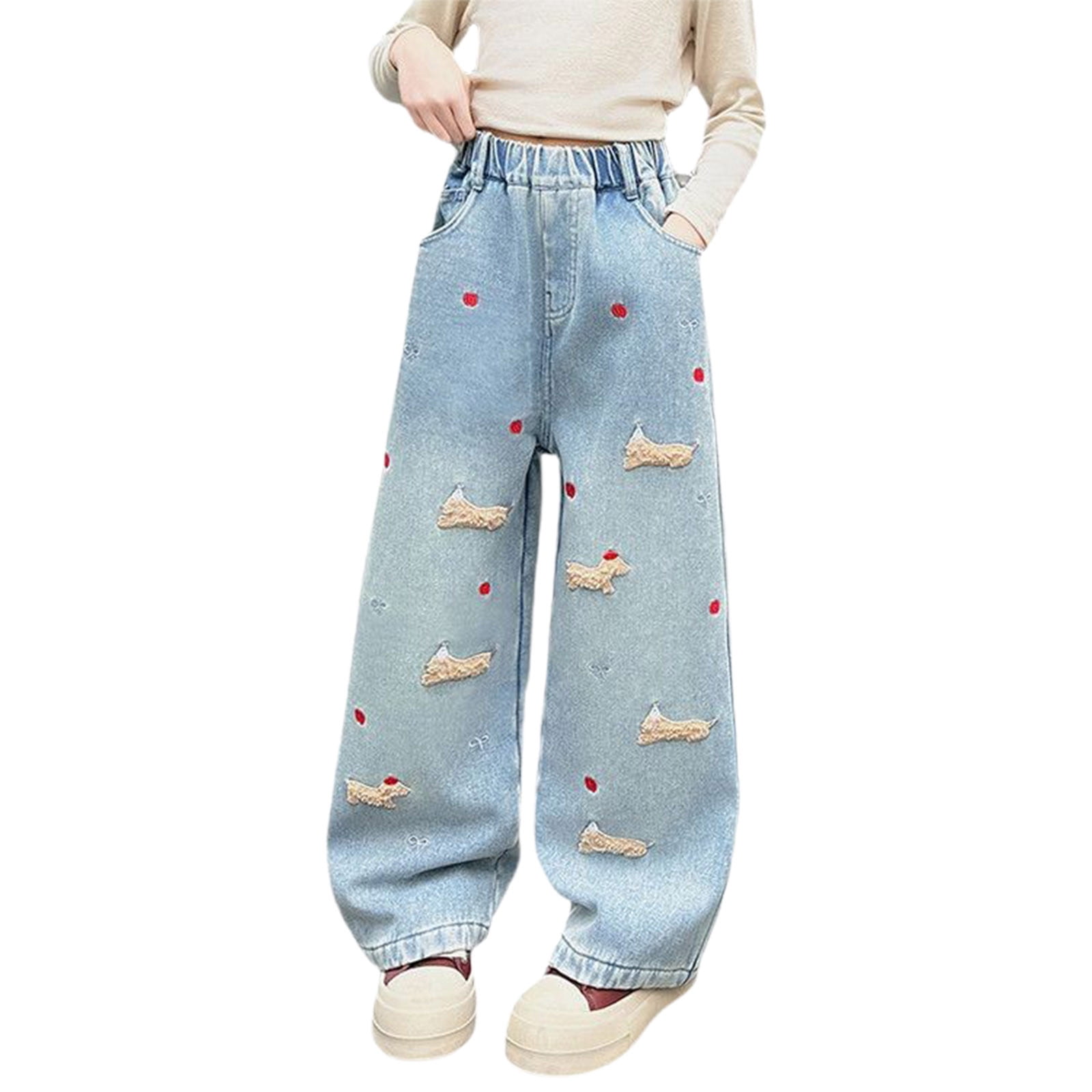 ZACPNCV Girl's Cute Ripped Jeans Elastic Waist Bow Print Wide Leg Baggy ...