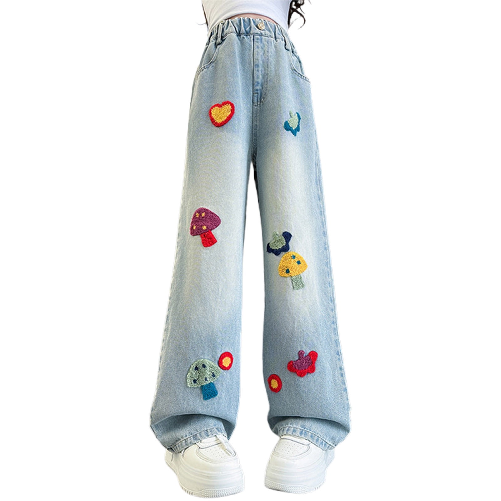 ZACPNCV Girl's Cute Ripped Jeans Elastic Waist Bow Print Wide Leg Baggy ...